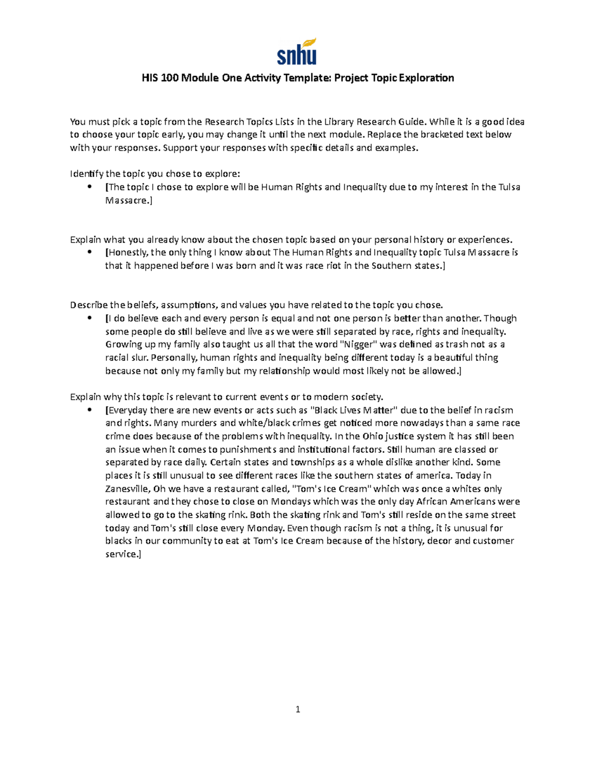 HIS 100 Module One Activity Template - While it is a good idea to ...