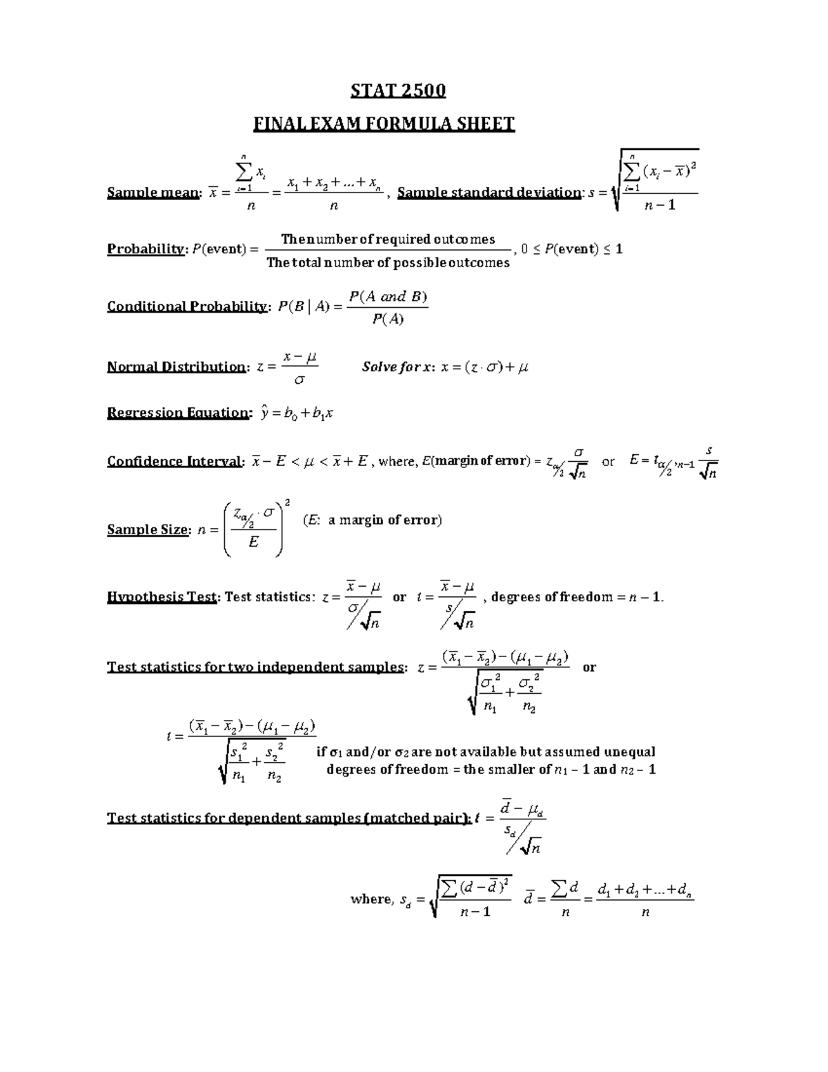 STAT 2500 Fomula Sheet for Final Exam W24 - STAT 2 500 FINAL EXAM ...
