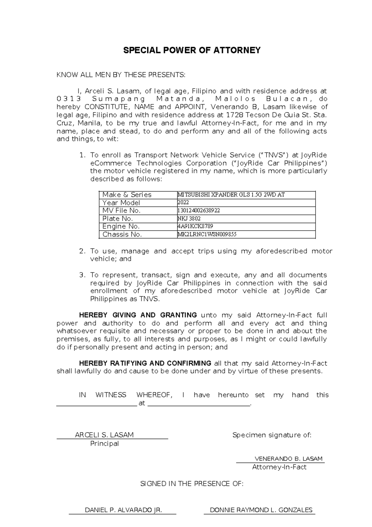 Pdfcoffee.com spa-joyride-car-pdf-free Arcel - SPECIAL POWER OF ATTORNEY KNOW ALL MEN BY THESE ...