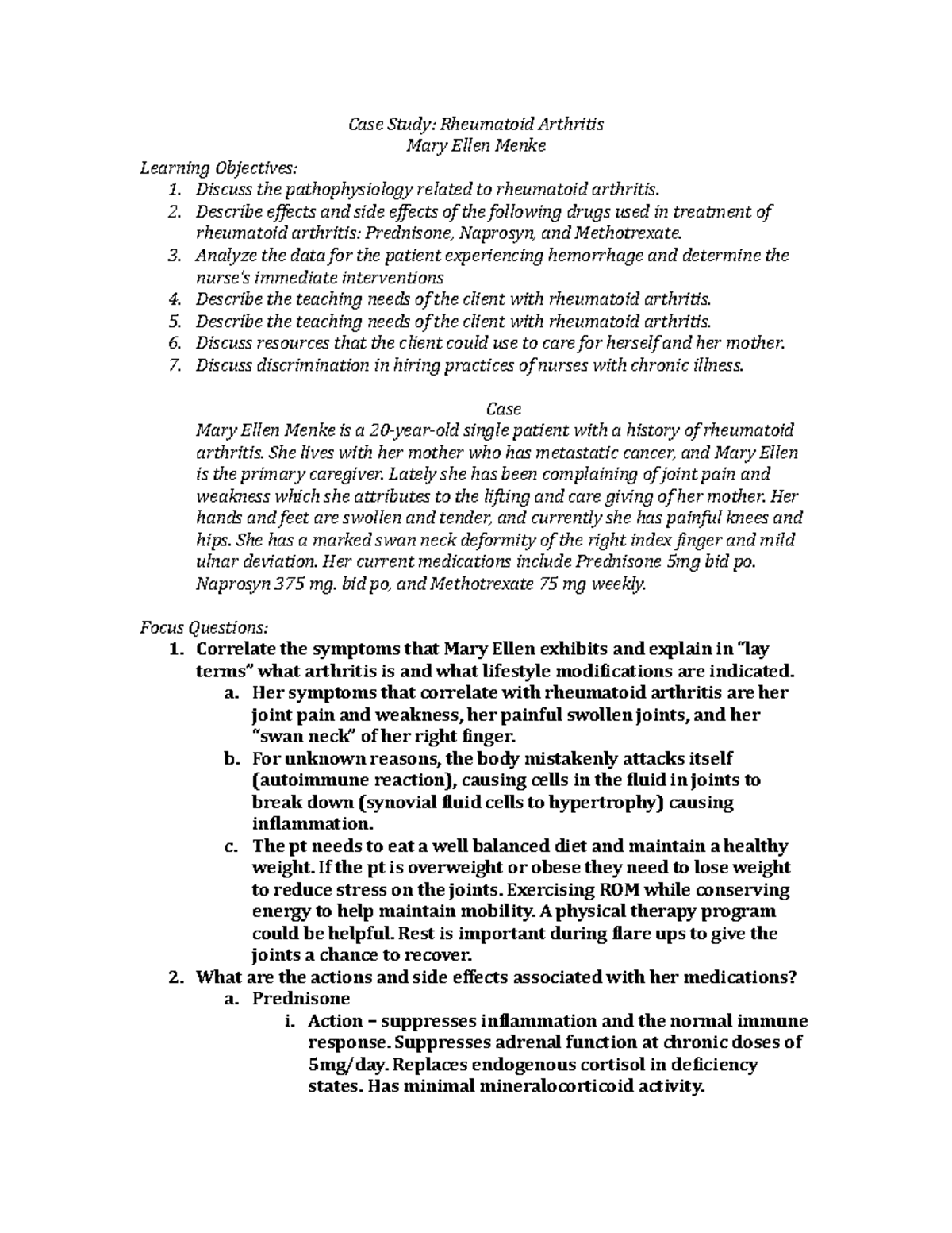 Case Study Rhumatoid Arthritis - Case Study: Rheumatoid Arthritis Mary ...