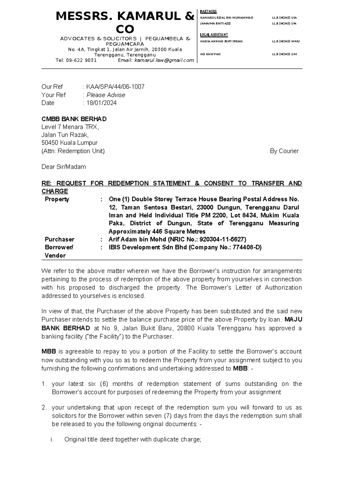 Letter for Request Redemption - MESSRS. KAMARUL & CO ADVOCATES ...