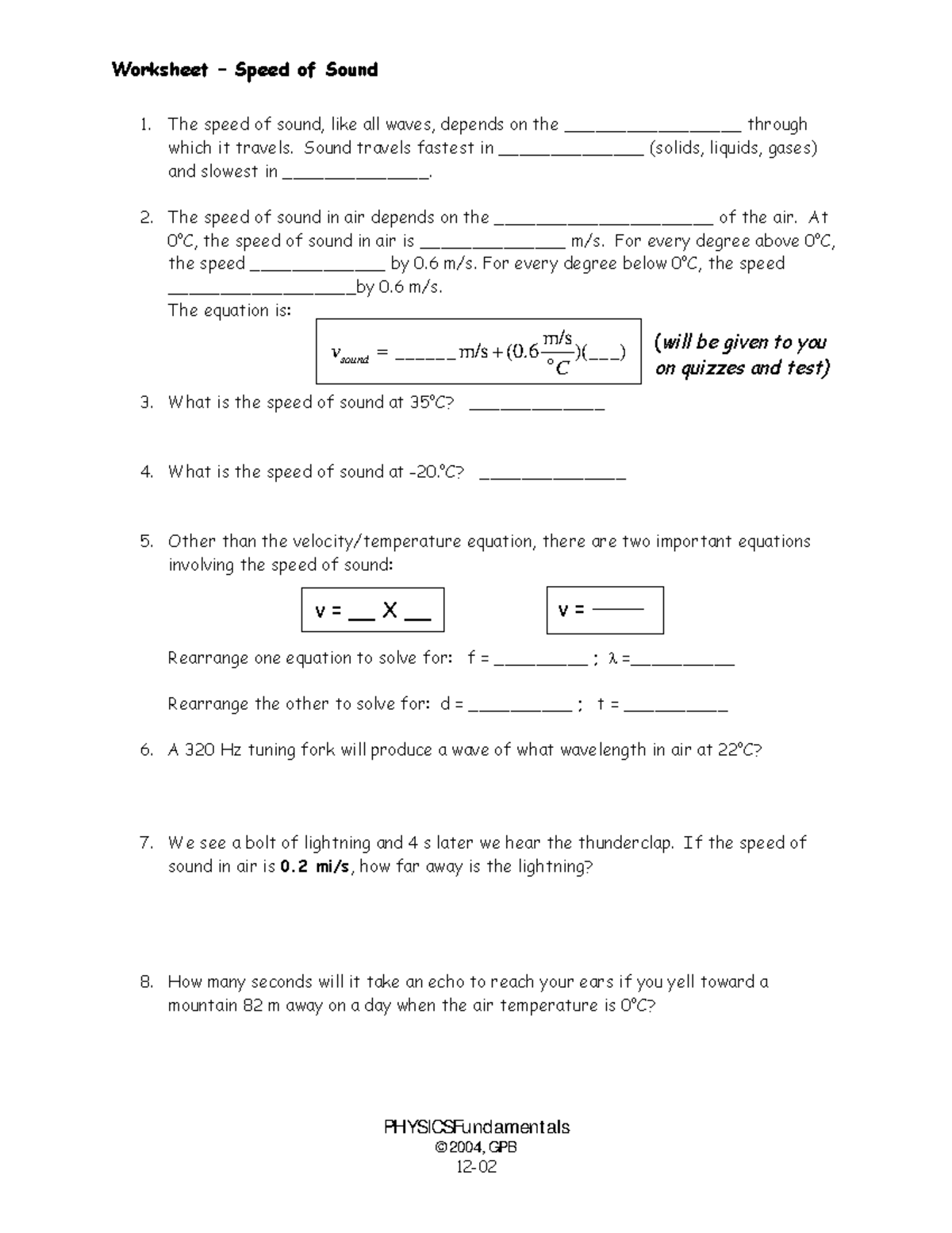 Speedsoundwkst - Speed of sound - Worksheet – Speed of Sound ...