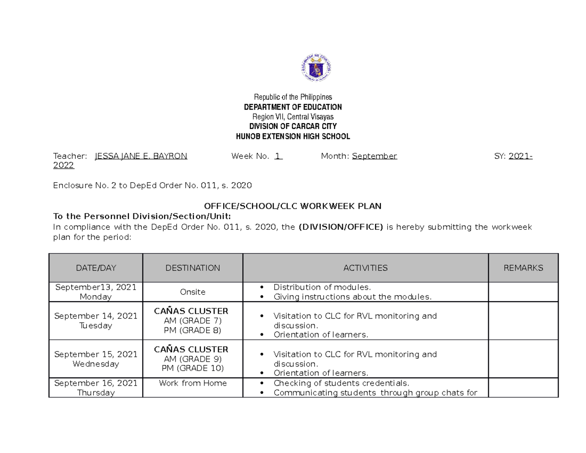 WORK-WEEK-PLAN FOR PREPARATION - Republic of the Philippines DEPARTMENT ...