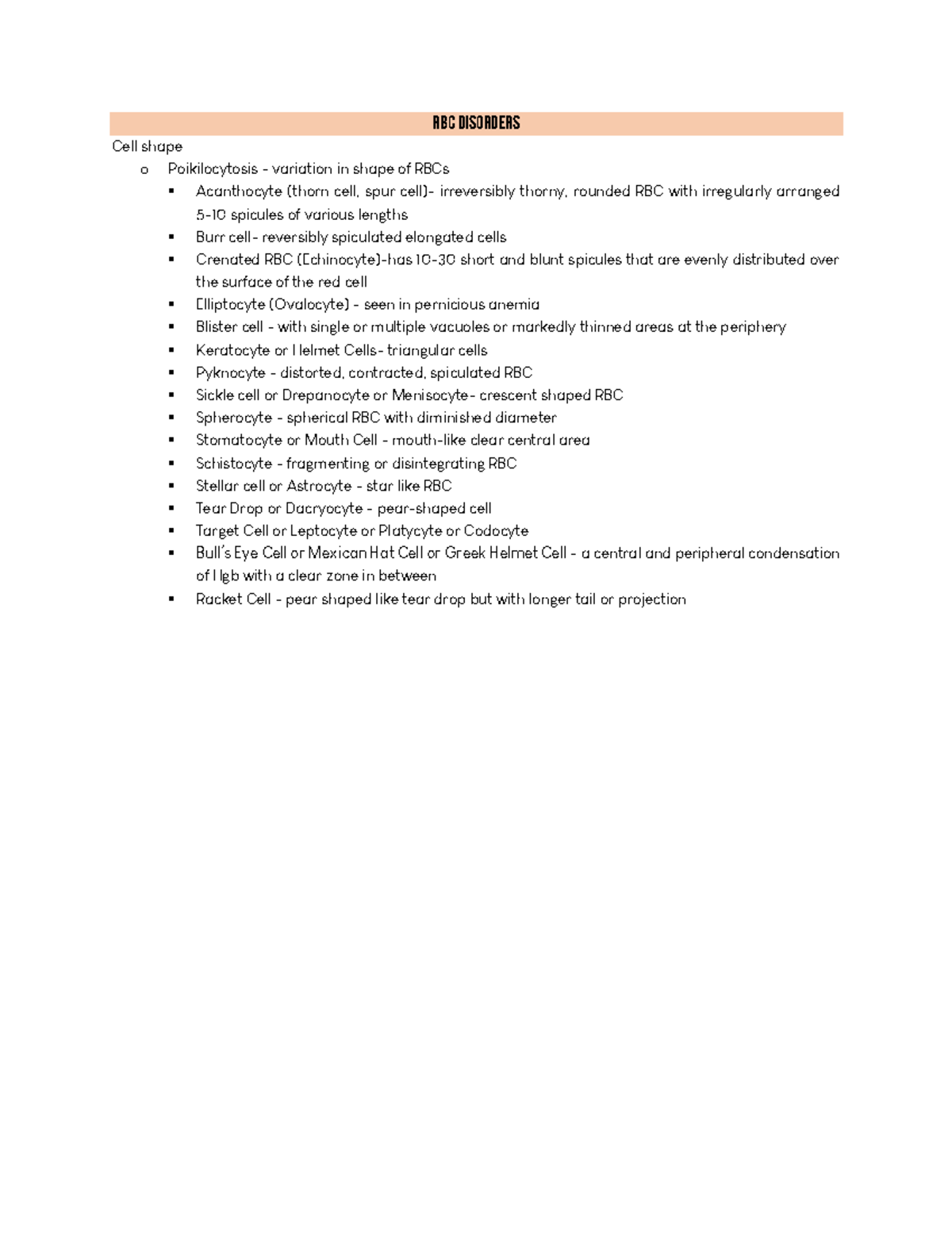 RBC- Disorders-Shape - hema notes - RBC DISORDERS Cell shape o ...