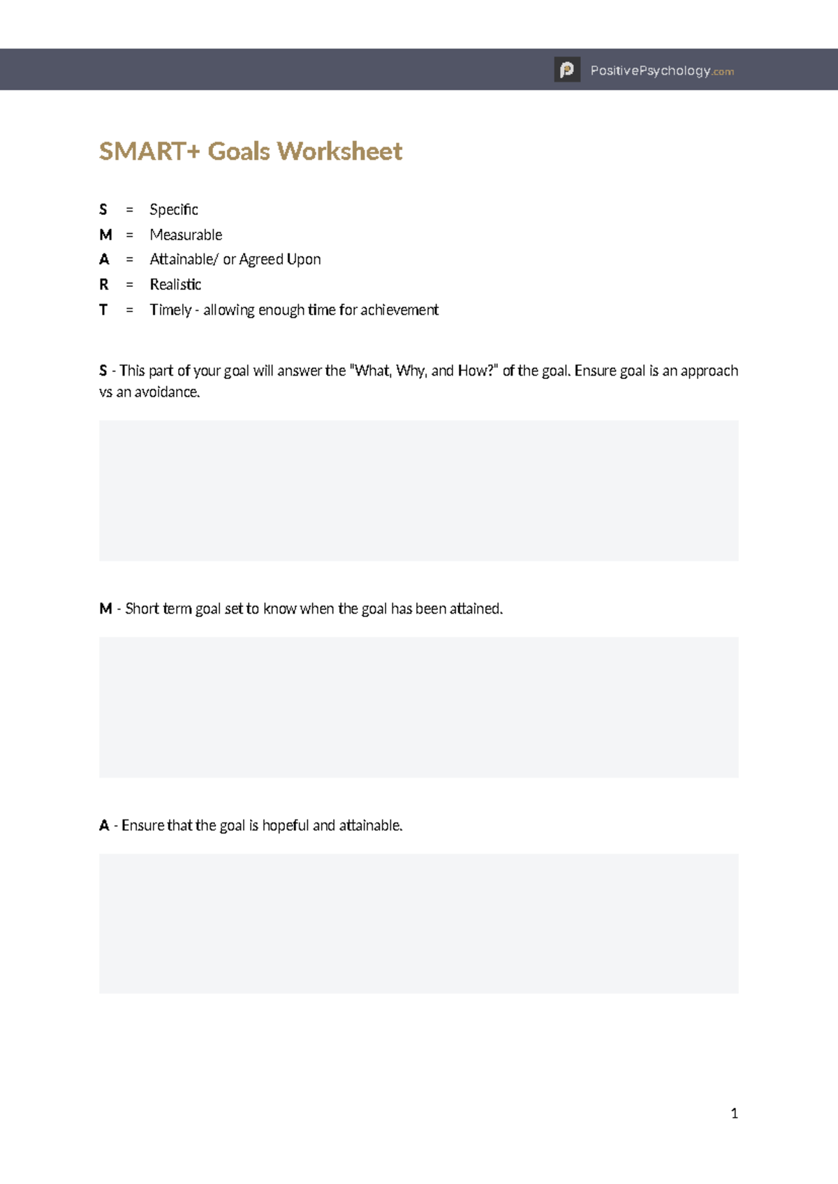 Smart goals worksheet - PositivePsychology 1 SMART+ Goals WorksheetS M ...
