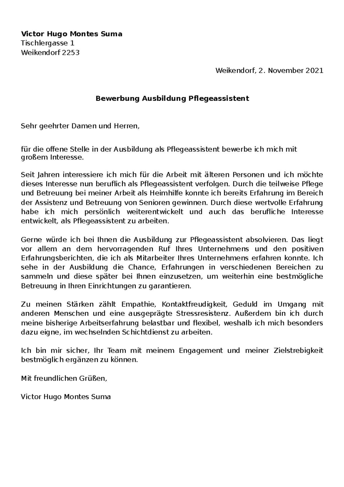 Bewerbung Pflegeassistent Victor Montes Suma - Victor Hugo Montes Suma ...