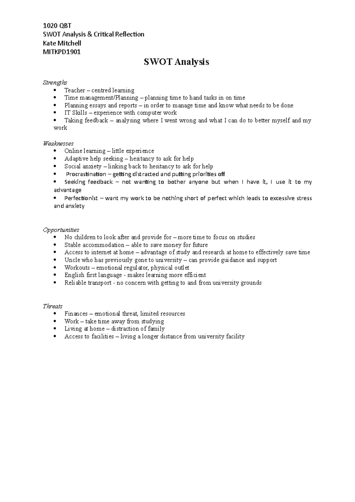SWOT Analysis Assignment - SWOT Analysis & Critical Reflection Kate ...