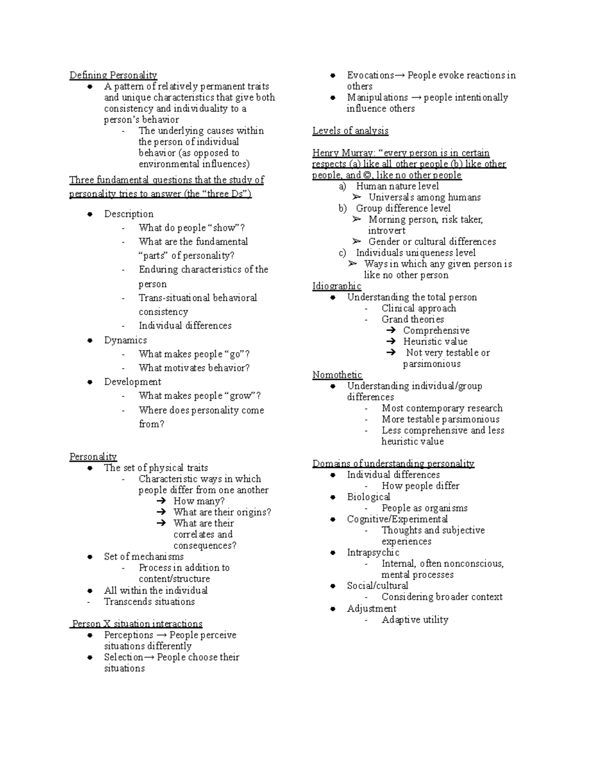 Personaltity exam 1 notes - Defining Personality A pattern of ...