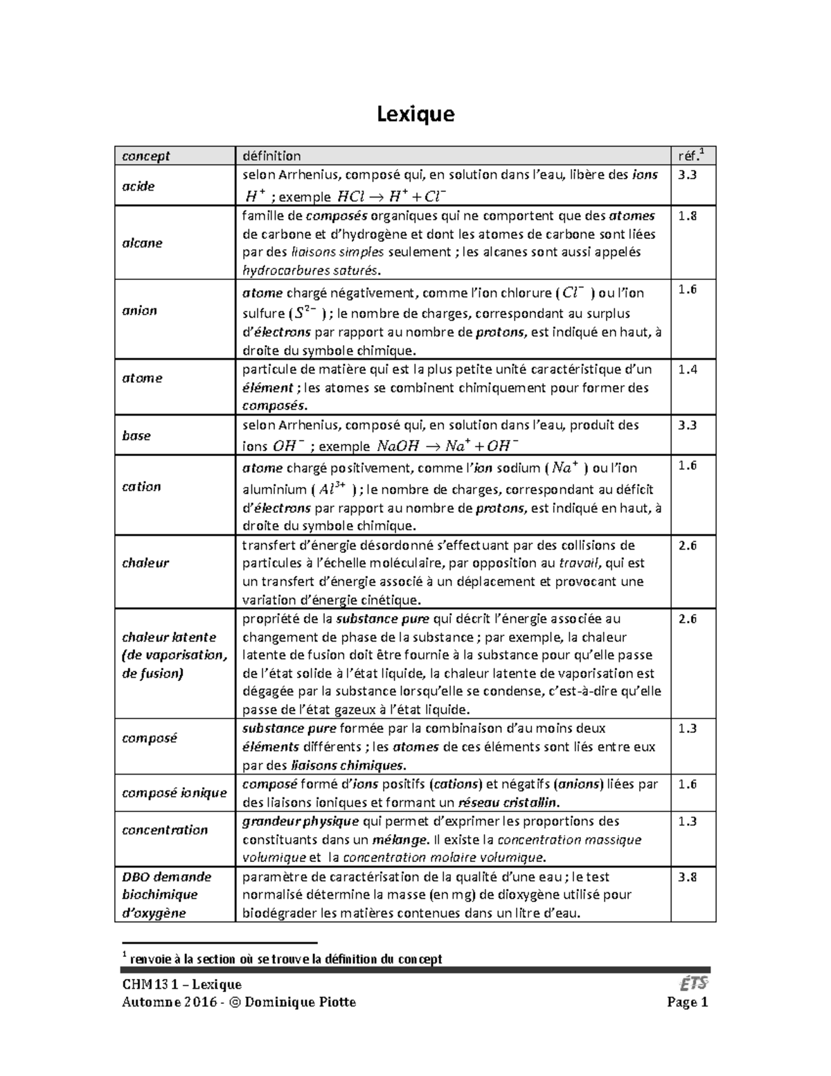 Lexique - nécessité pour bien commencer - CHM131 3 Lexique Lexique concept définition réf. 1 ...