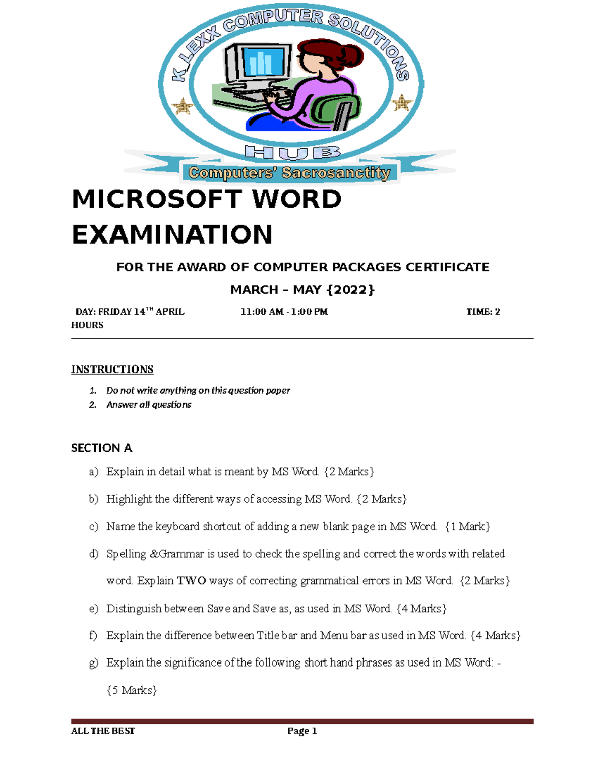 EXAM4 MS Word - new - MICROSOFT WORD EXAMINATION FOR THE AWARD OF ...
