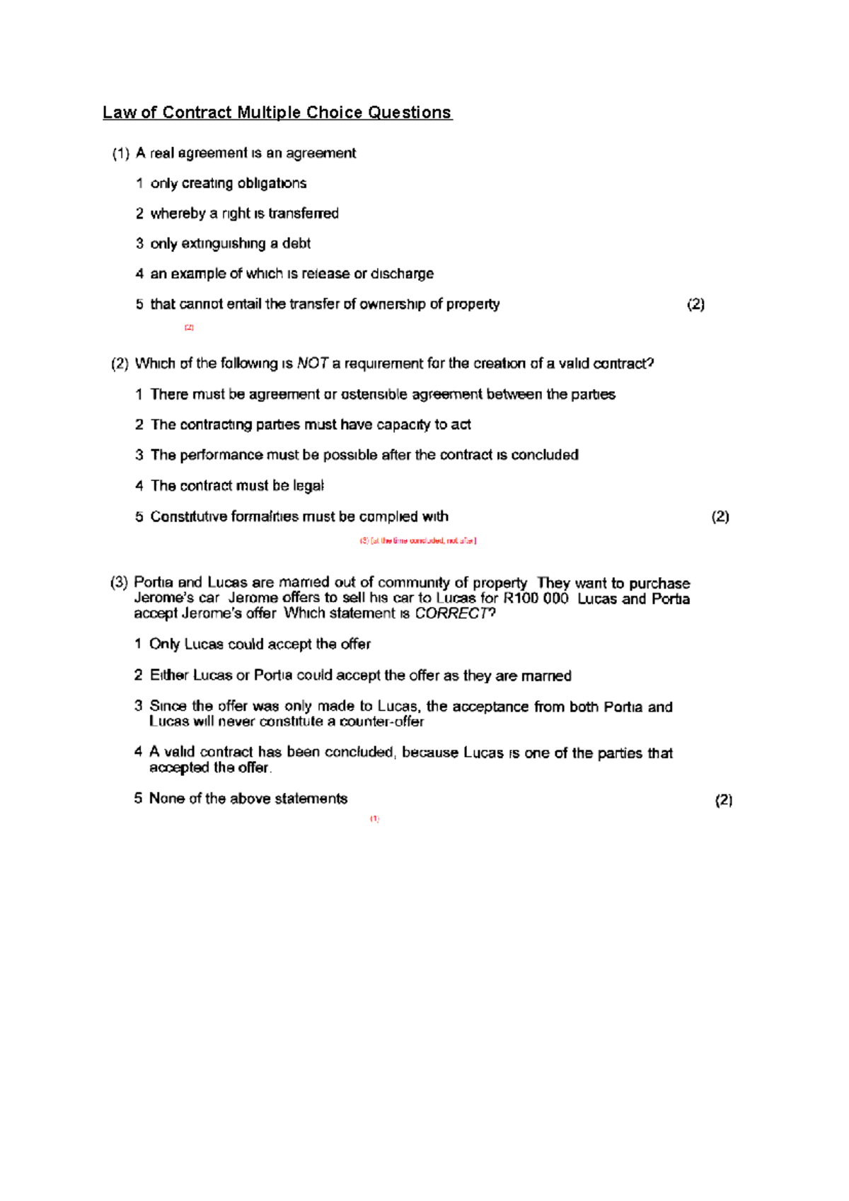 Exam 1 June 2019, questions - Law of Contract Multiple Choice Questions ...