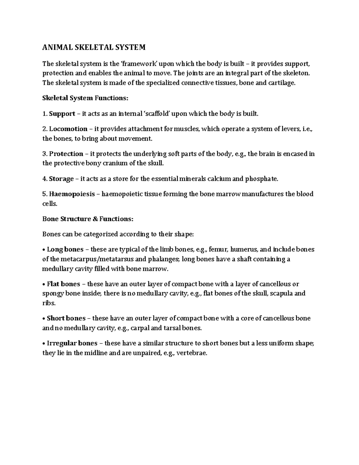Animal Skeletal System - BS Biology - WMSU - Studocu