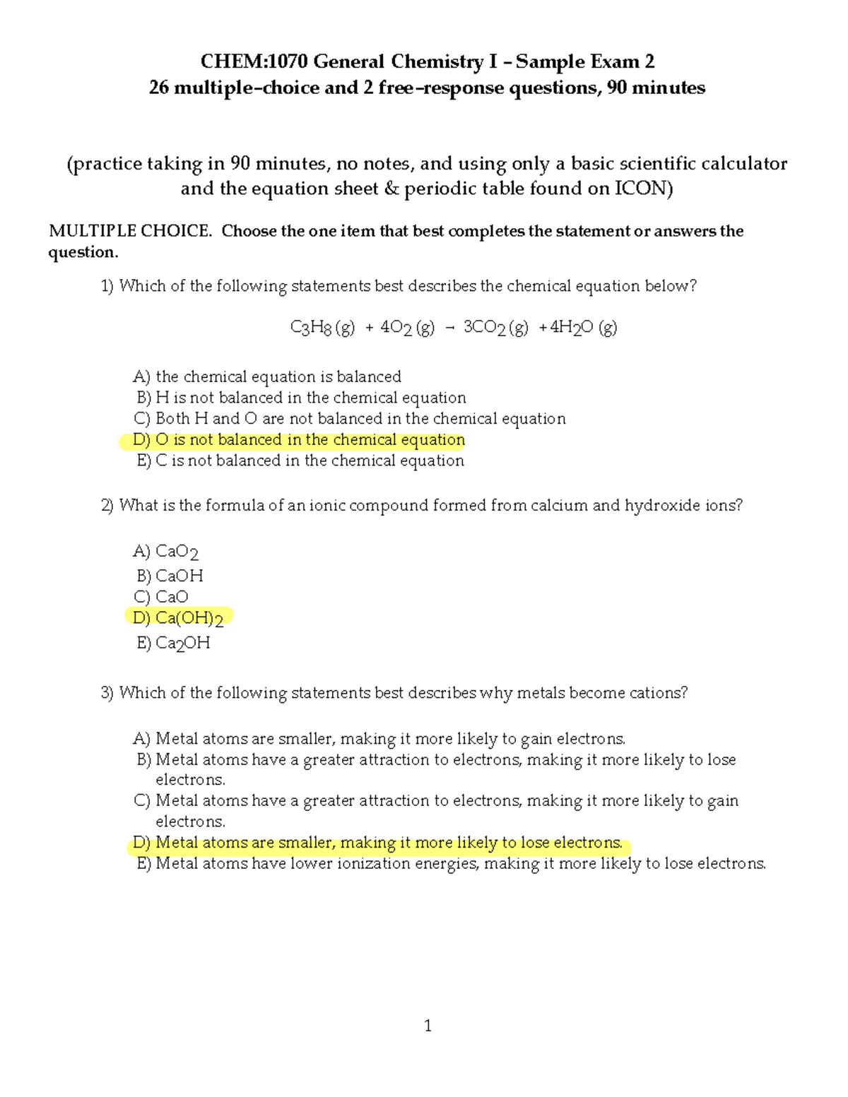 CHEM1070 Sample Exam 2 - CHEM:1070 General Chemistry I - Sample Exam 2 ...