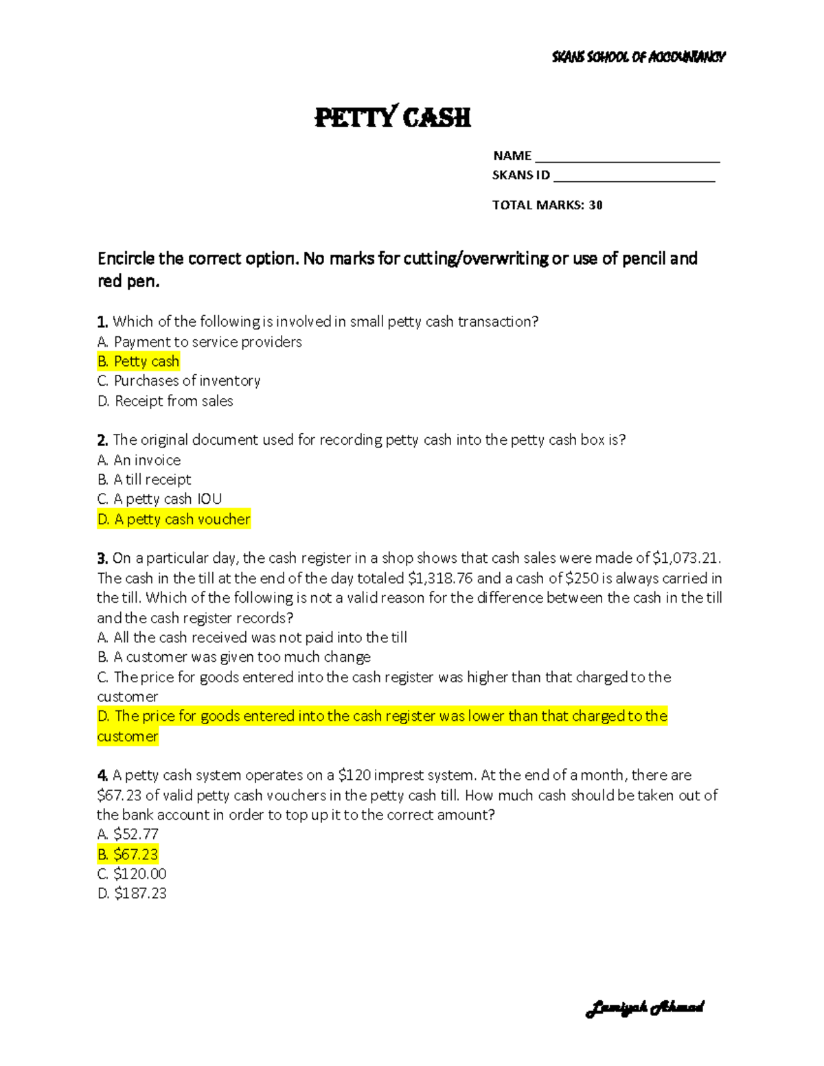 Chapter 10 petty cash - SKANS SCHOOL OF ACCOUNTANCY Lamiyah Ahmad PETTY ...