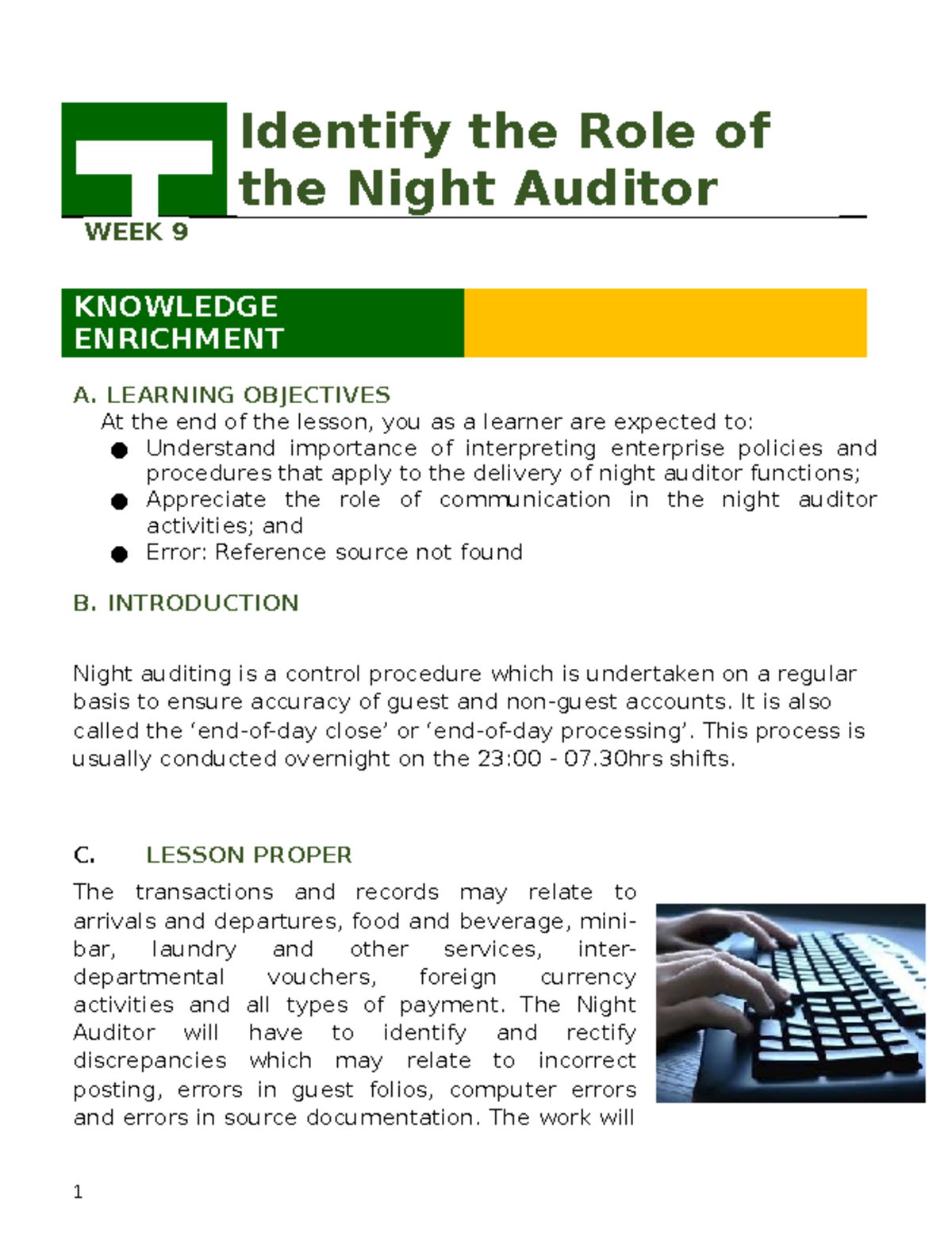Front office Modules 9-12 - LESSON 9 Identify the Role of the Night ...