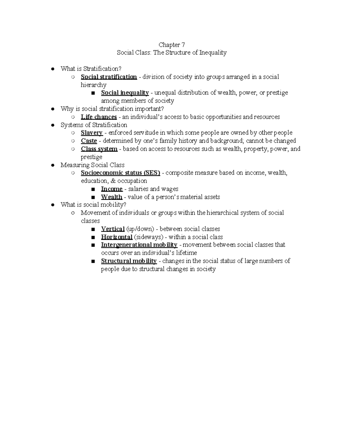 Sociology Ch. 7 Notes - Chapter 7 Social Class: The Structure of ...