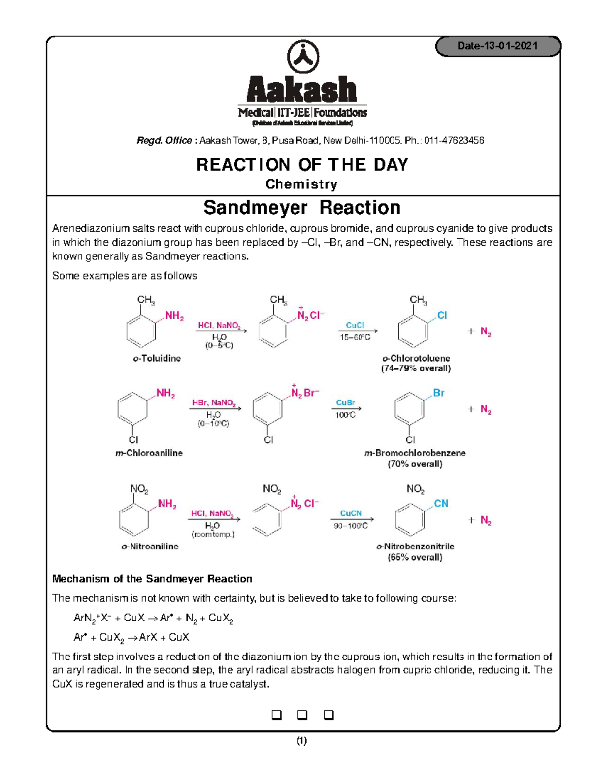 Schmidt Reaction - (1) Arenediazonium salts react with cuprous chloride ...