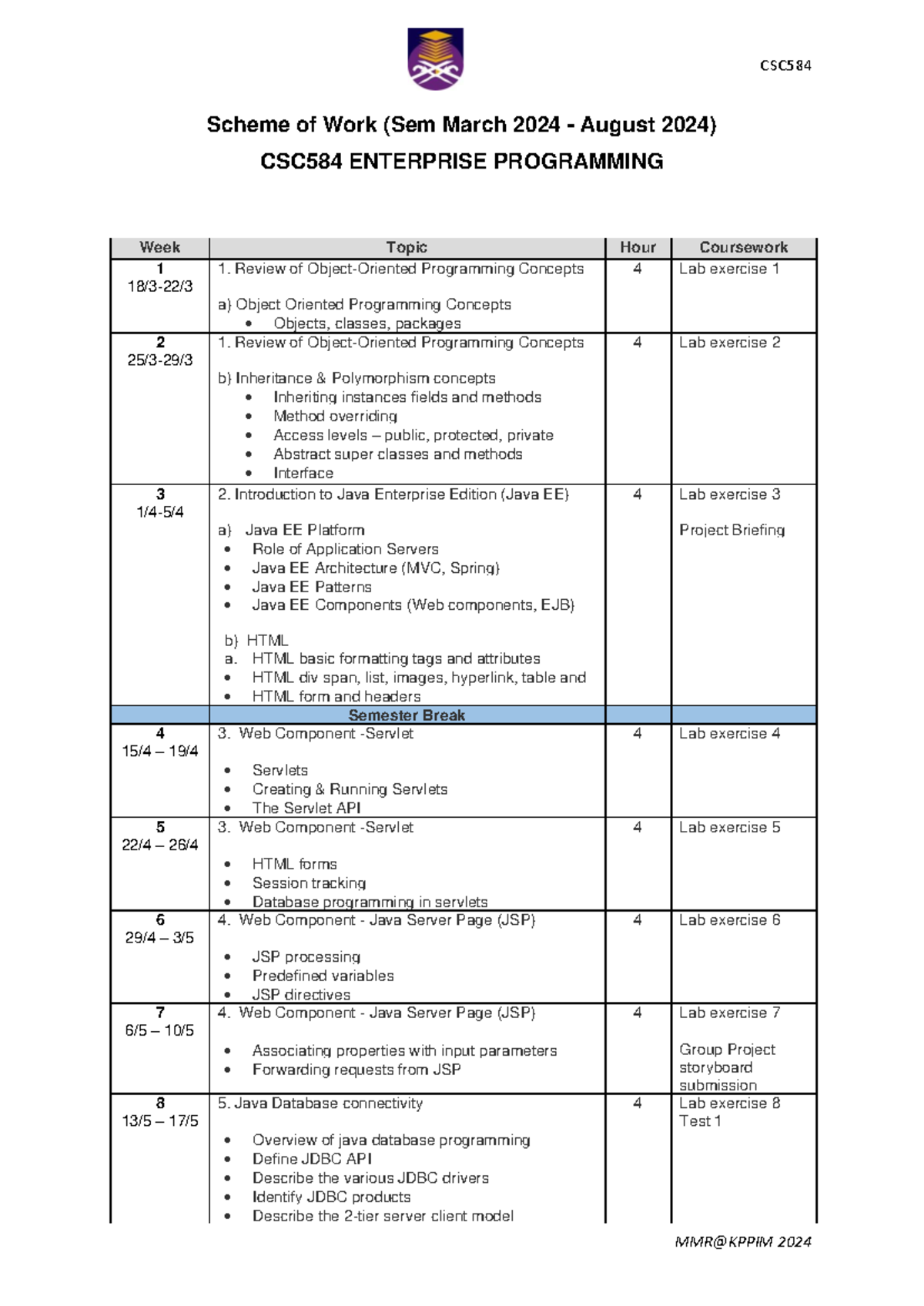 SOW - SOW 2023/2024 SESSION 2 for CSC584 - CSC MMR@KPPIM 2024 Scheme of ...