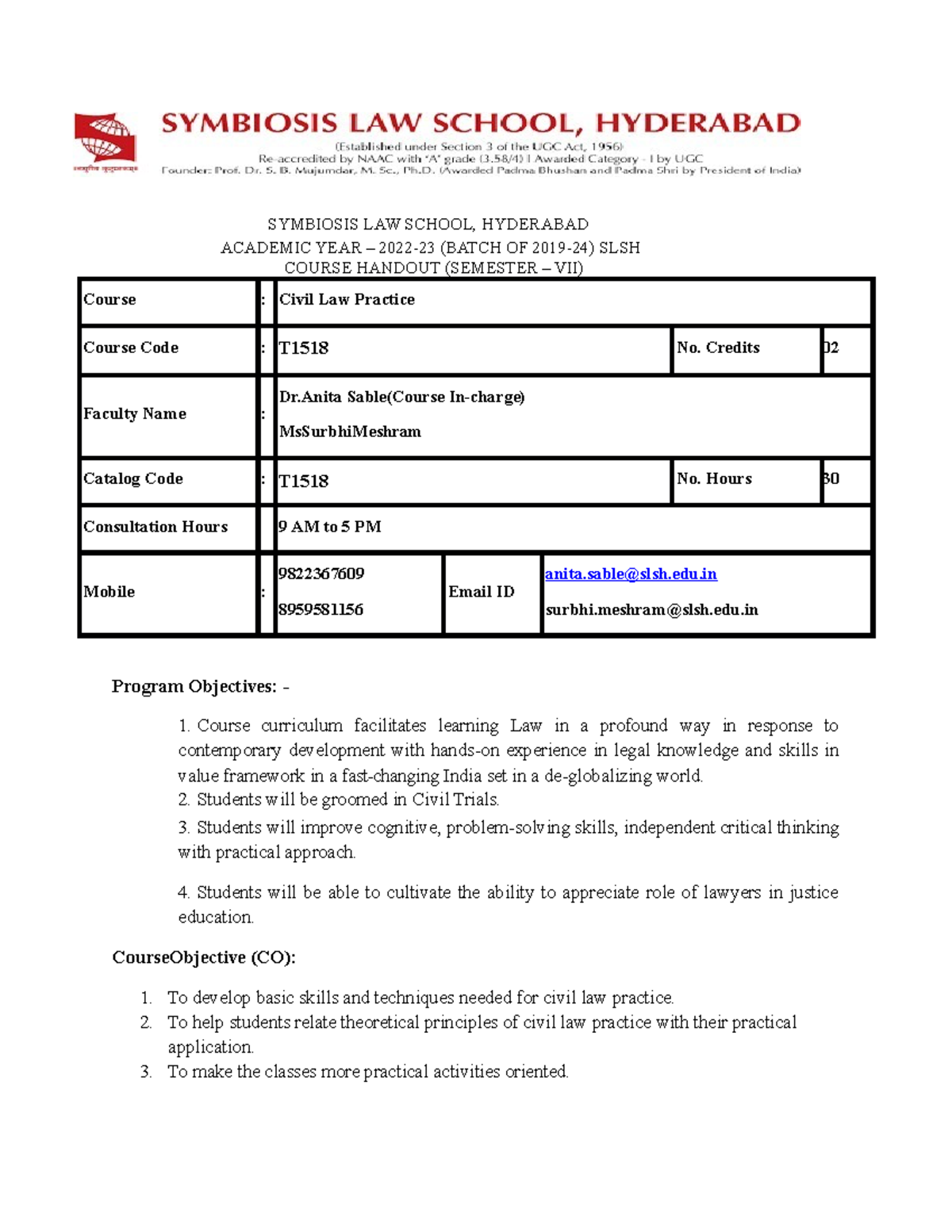 Civil LAW Practice OBE - SYMBIOSIS LAW SCHOOL, HYDERABAD ACADEMIC YEAR ...