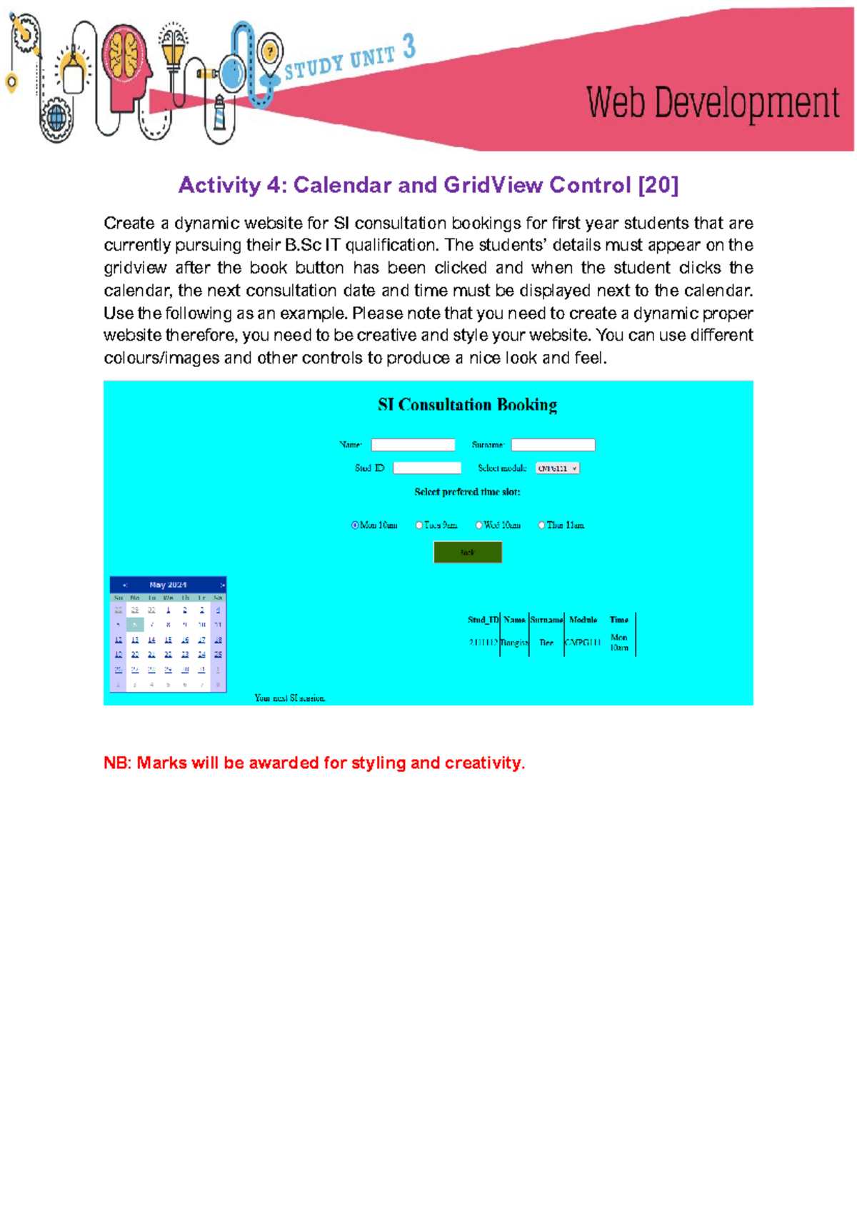 SU3 Activity 4 - Activity 4: Calendar and GridView Control [20] Create a dynamic website for SI ...