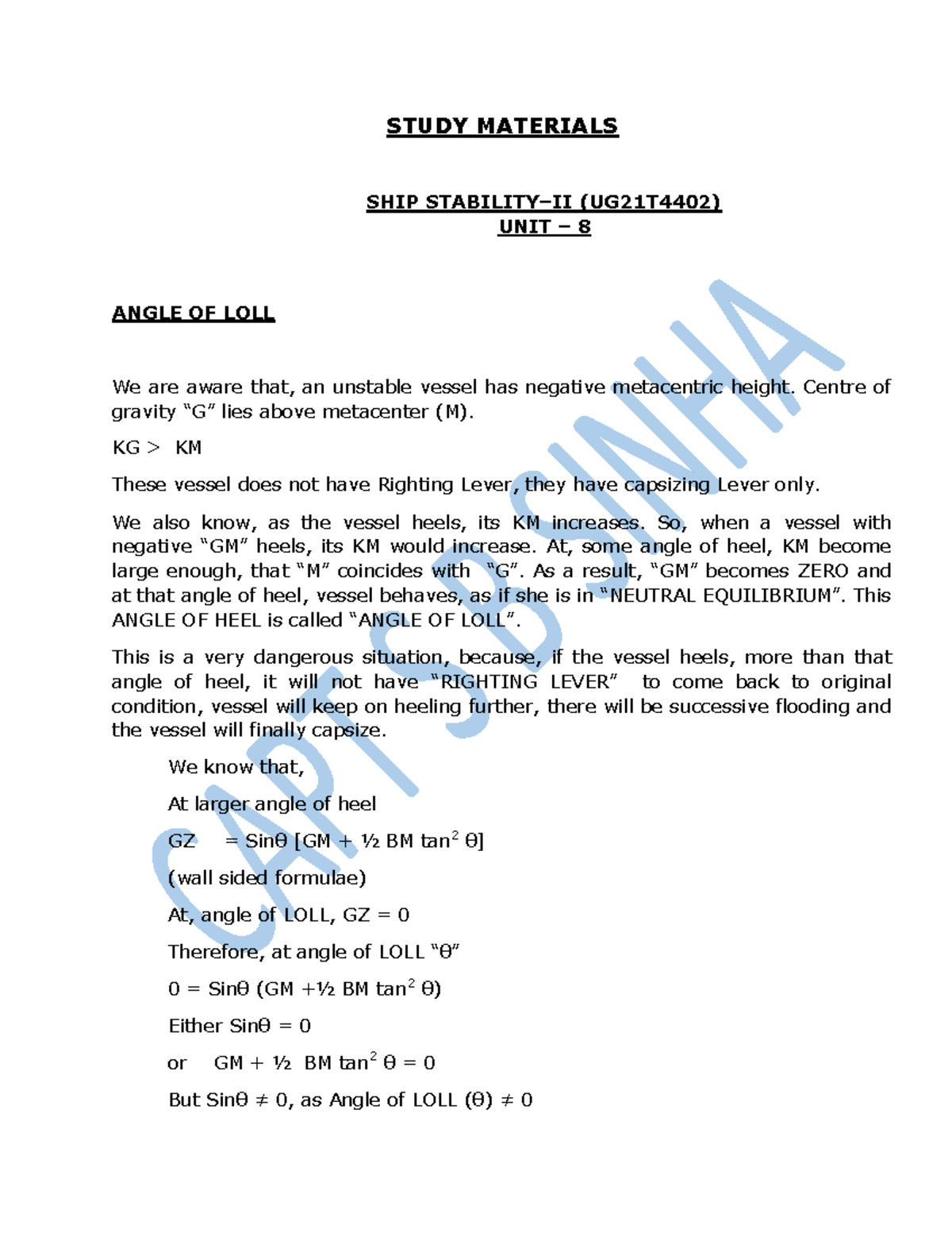 UNIT 8 Angle OF LOLL - practice - STUDY MATERIALS SHIP STABILITY–II ...
