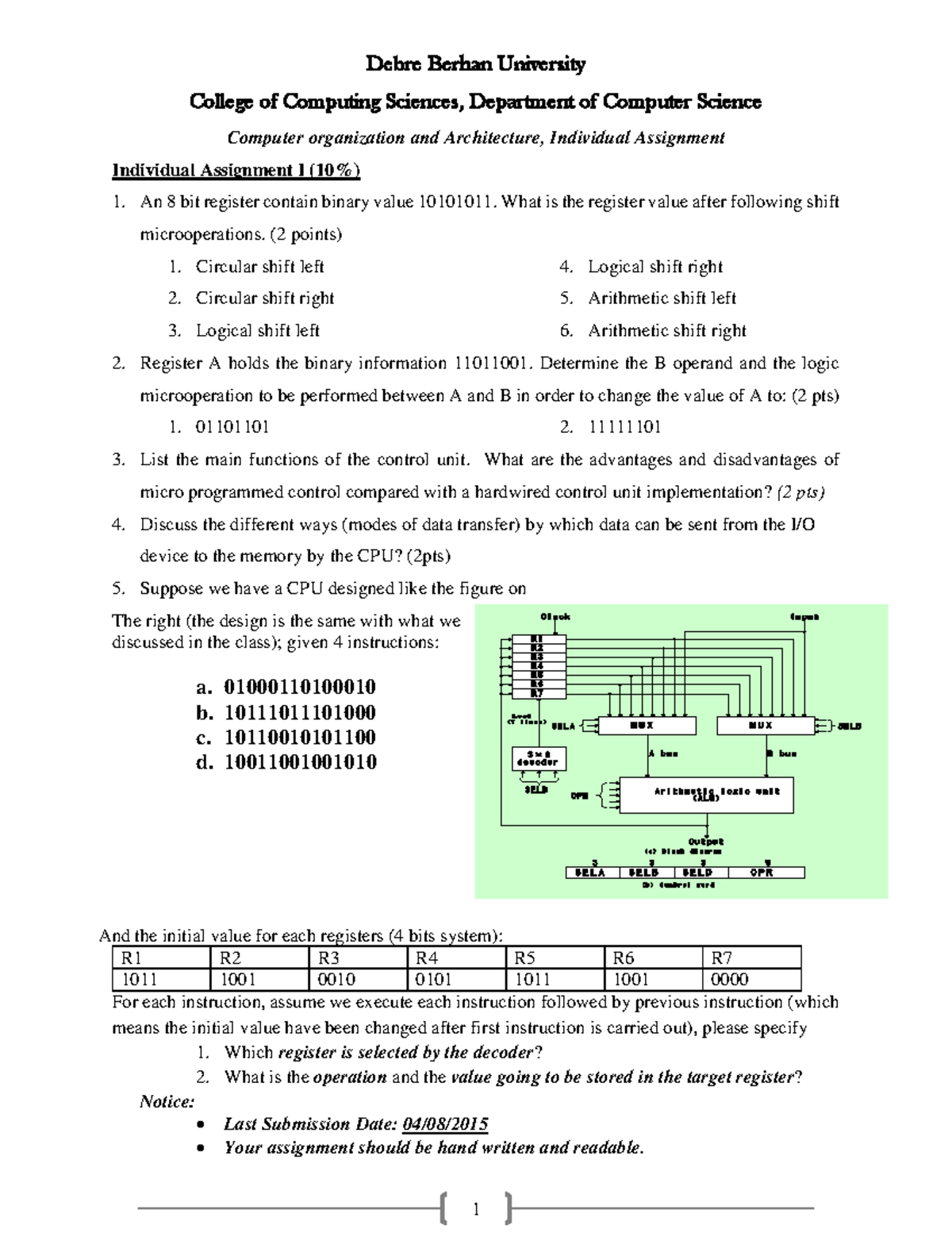 Computer Organization and Arch Assignment - 1 Debre Berhan University ...