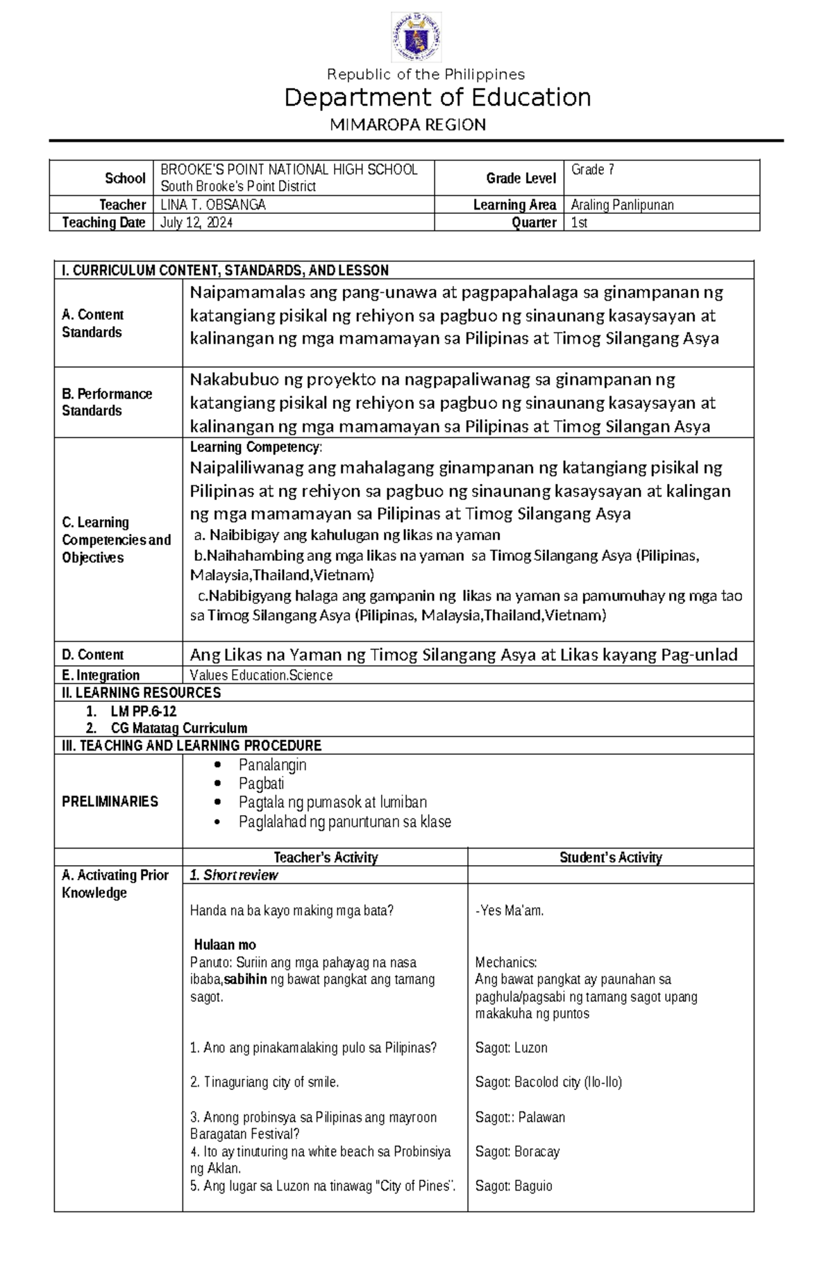 Matatag LP AP7 Ltobsanga - Department of Education MIMAROPA REGION School BROOKE’S POINT ...