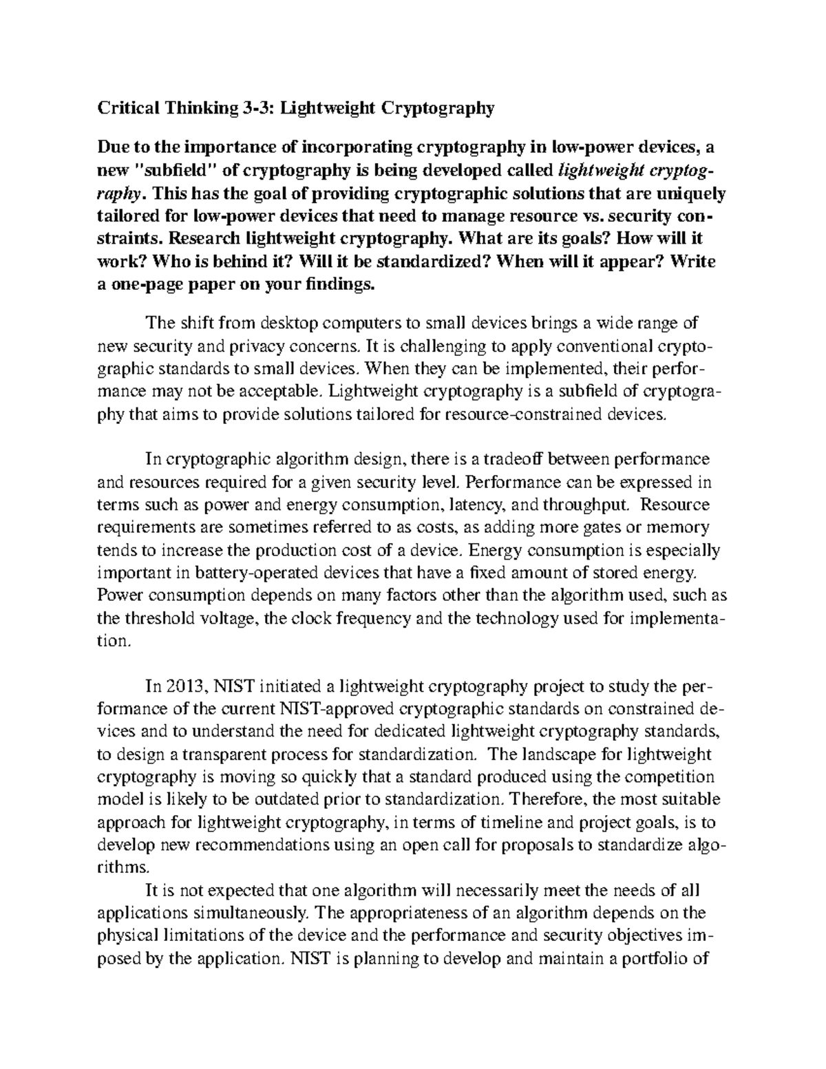 Critical Thinking Assignment3-3 - Critical Thinking 3-3: Lightweight ...
