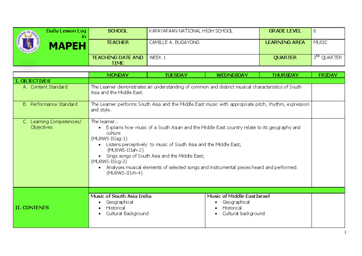 DLL Gr8 Edited - DLL in Grade 8 MAPEH - MONDAY TUESDAY WEDNESDAY ...