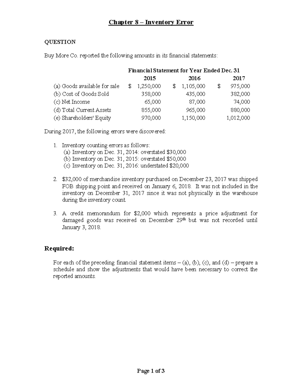 Chapter 7 - Inventory Error - Exercise - MGAB02 - U of T - Studocu