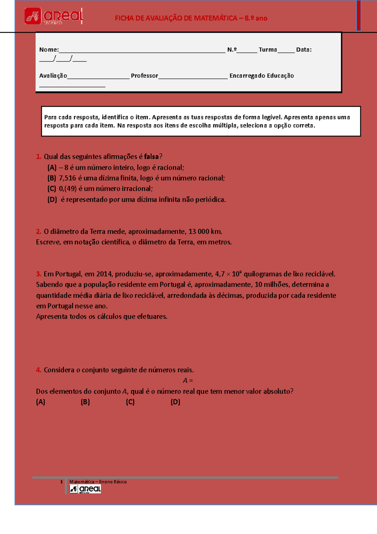Ae teste 4 mat8 - exercicios matemática - 1. Qual das seguintes ...