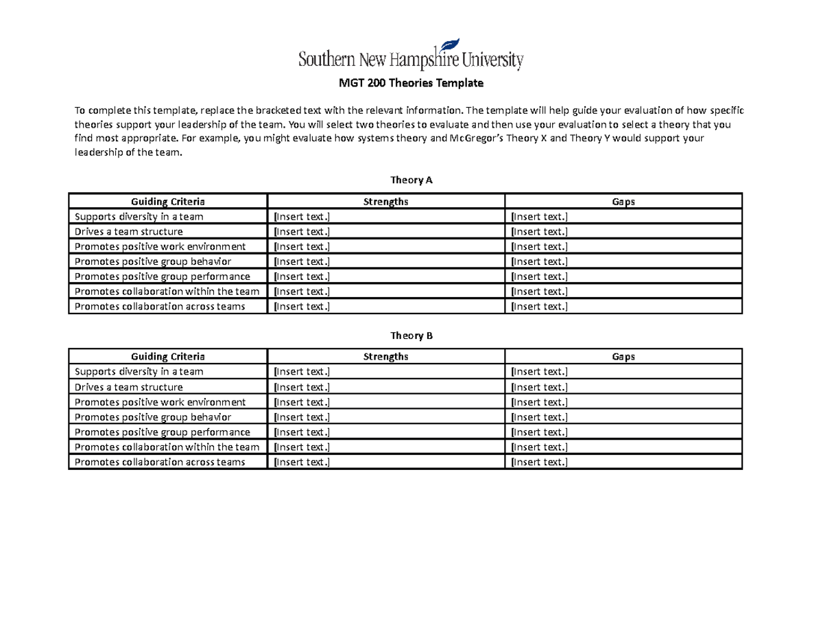 MGT 200 Theories Template - MGT 200 Theories Template To complete this ...