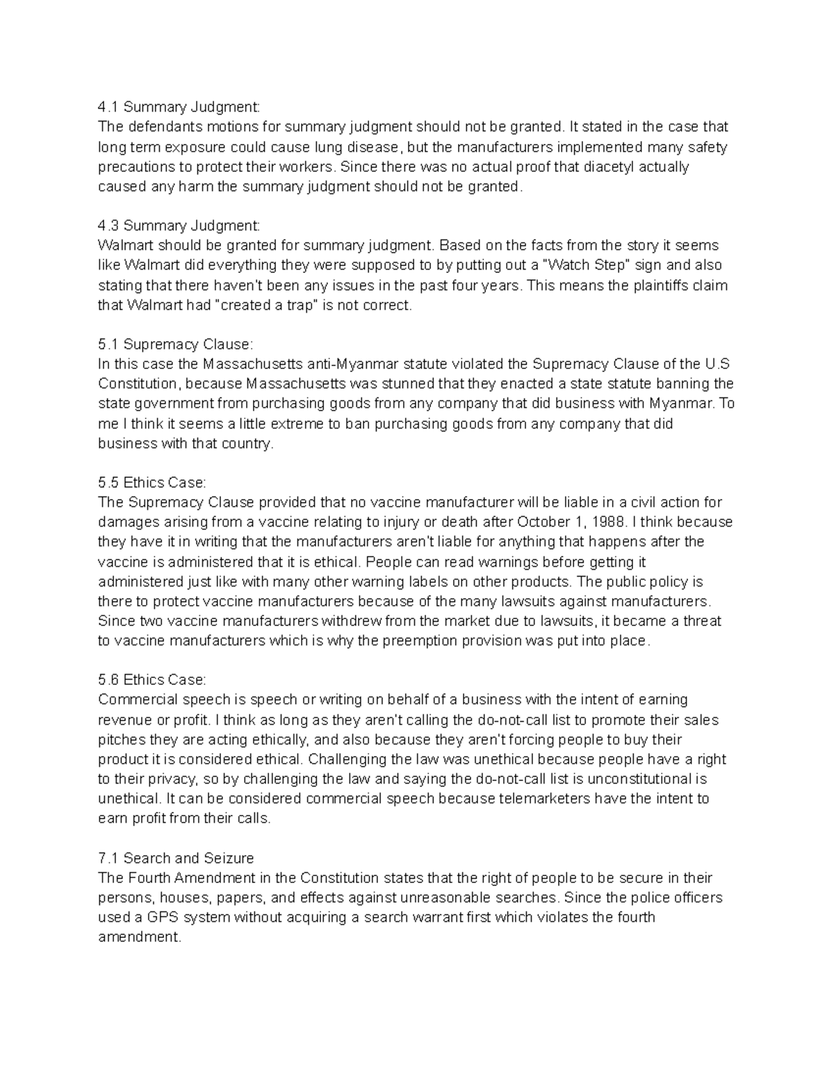 Critical thinking cases 2 - 4 Summary Judgment: The defendants motions ...