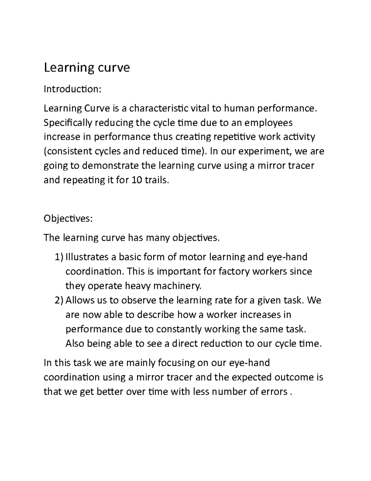 Wm lab 2 - learning curve lab - Learning curve Introduction: Learning ...