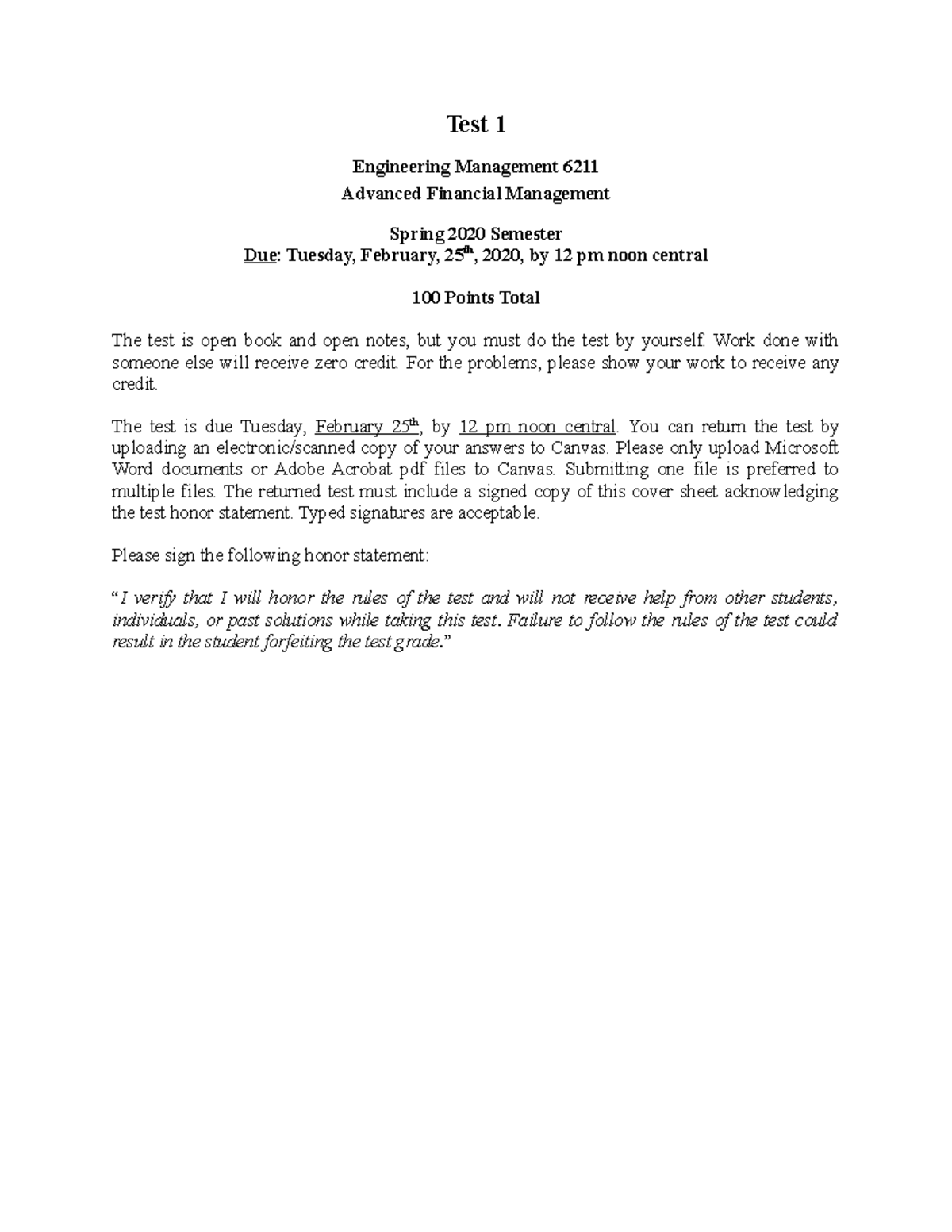 Eng Mgt 6211 Test 1 - Test - Test 1 Engineering Management 6211 ...