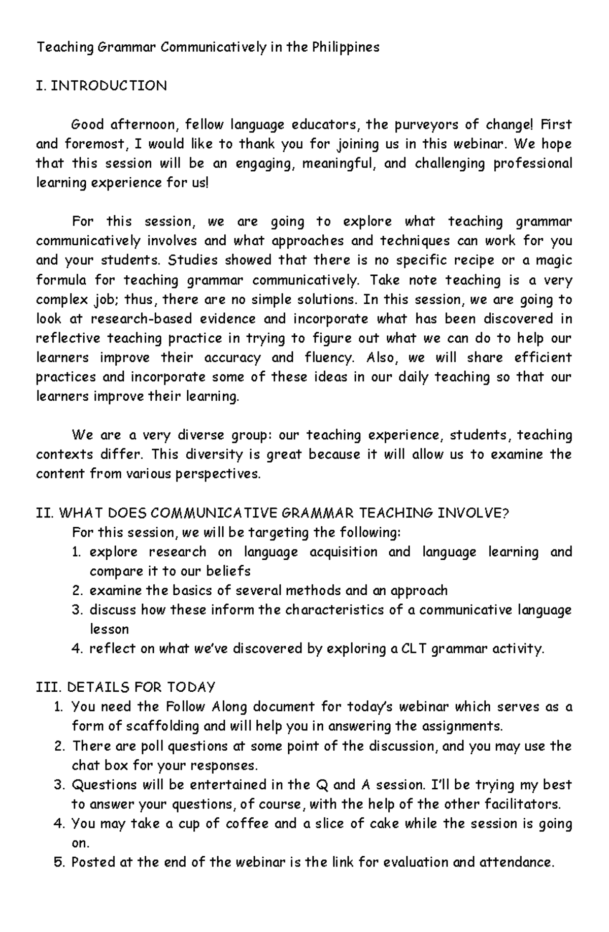 Final script for teaching grammar communicatively - Education - Studocu