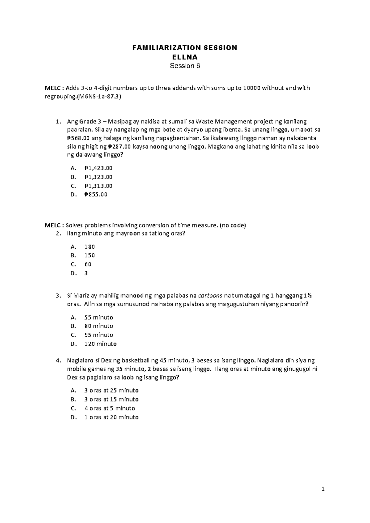 Ellna Numeracy Mother Tounge Session 6 - 1 FAMILIARIZATION SESSION ...