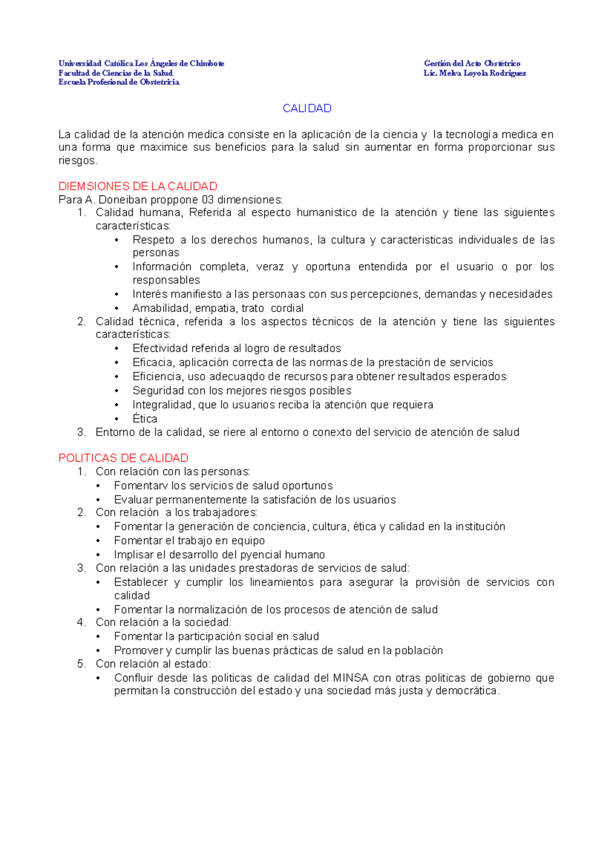 Calidad - Facultad de Ciencias de la Salud Lic. Melva Loyola Rodriguez ...