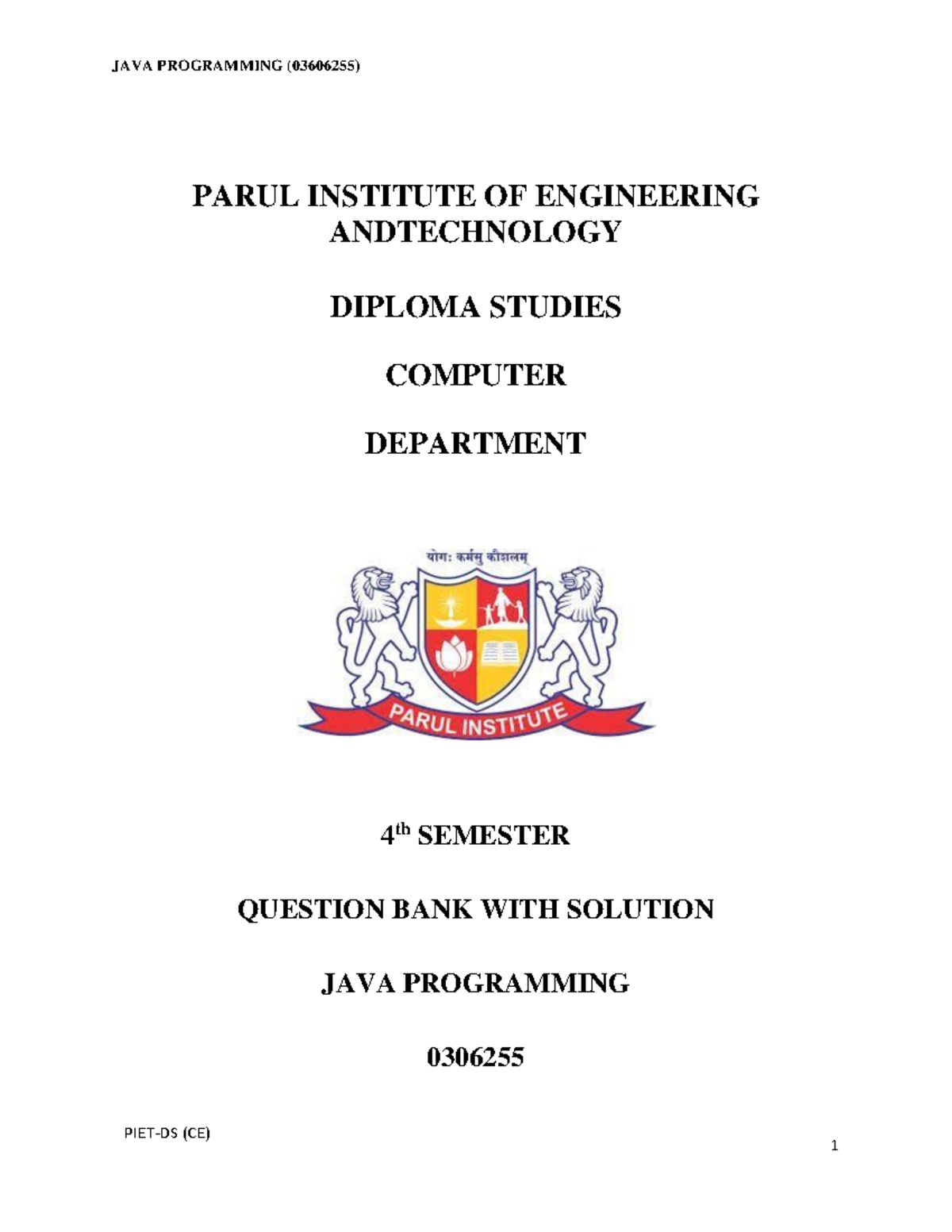 JAVA QUESTION BANK WITH SOLUTION with code - PIET-DS (CE) PARUL ...