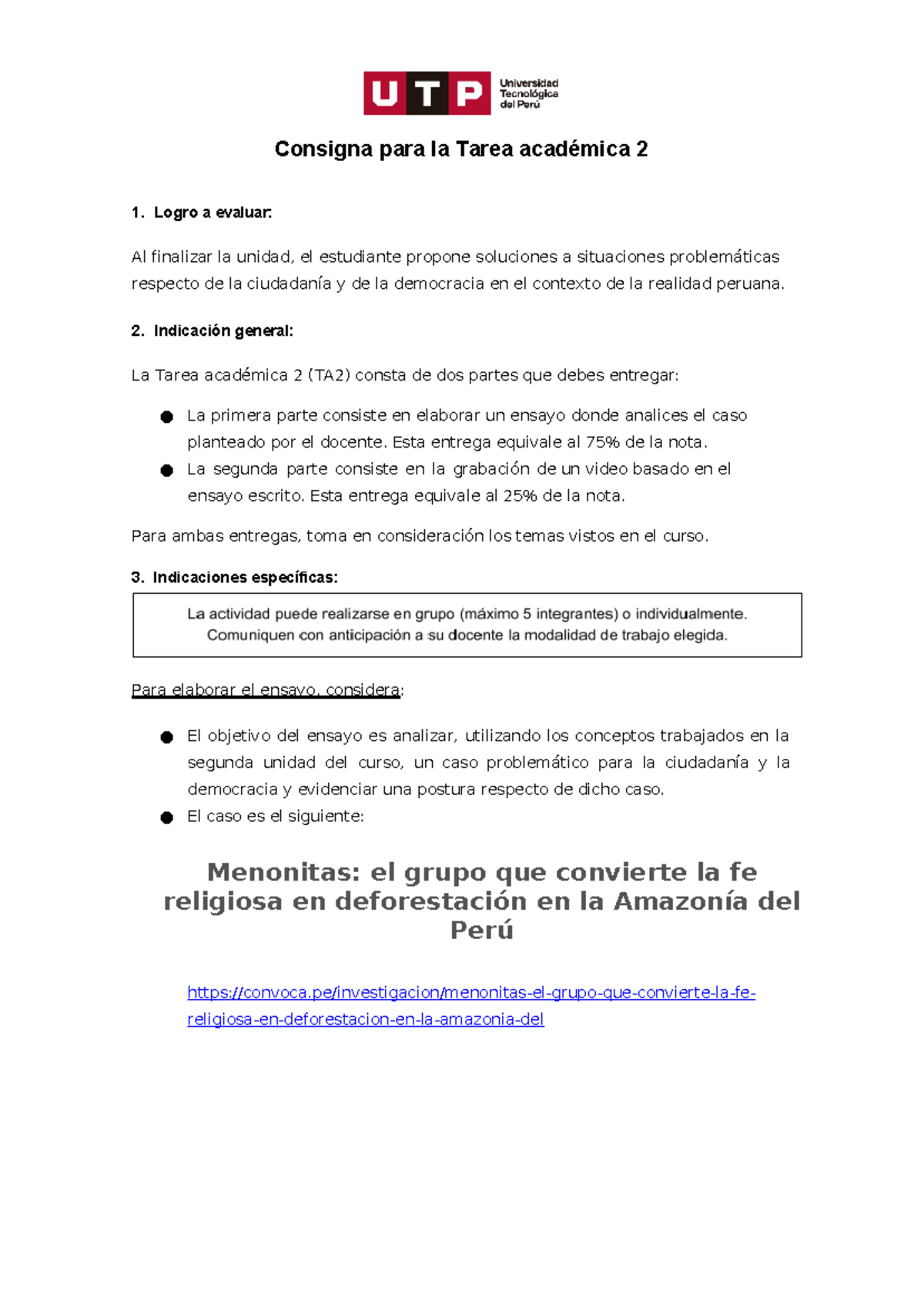 Consigna PresentacióN DEL CASO PARA LA TA02 Parte 1 - Ensayo - Consigna para la Tarea académica ...