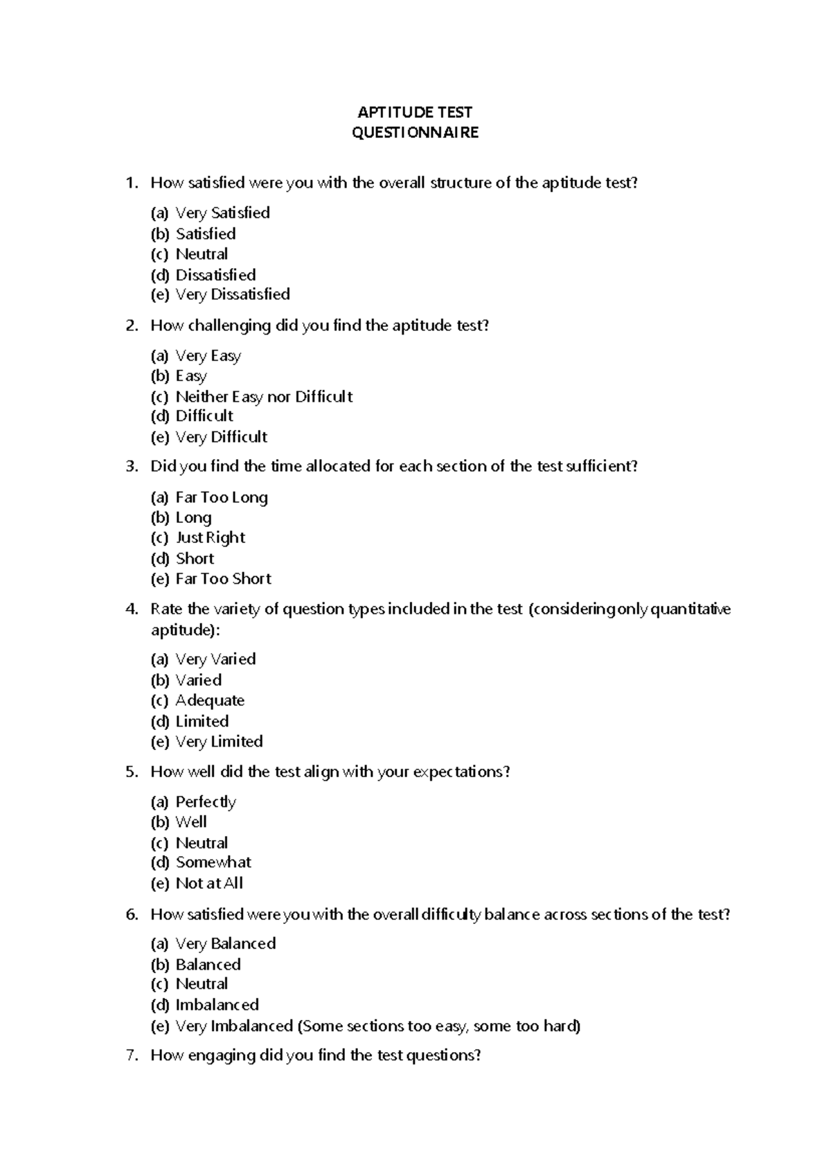 Aptitude Test Questionnaire - APTITUDE TEST QUESTIONNAIRE How satisfied ...