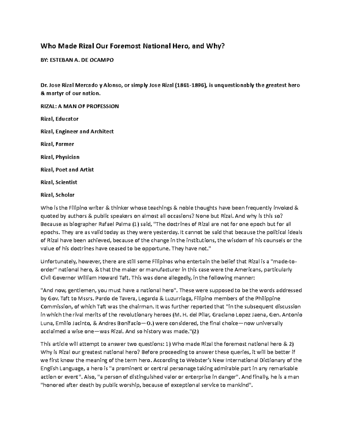 Who Made Rizal Our Foremost National Hero - DE OCAMPO Dr. Jose Rizal ...