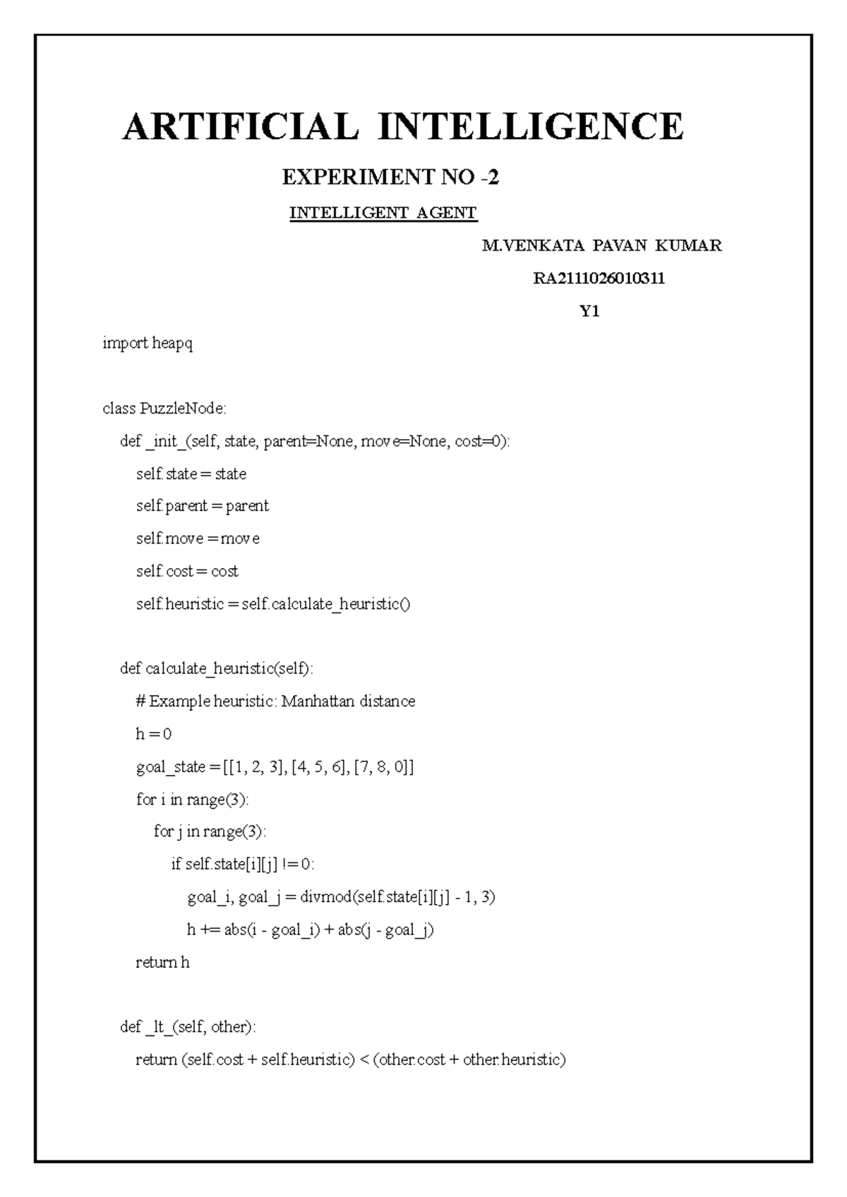 AI EXP 2 - ARTIFICIAL INTELLIGENCE EXPERIMENT NO - 2 INTELLIGENT AGENT M PAVAN KUMAR RA Y import ...