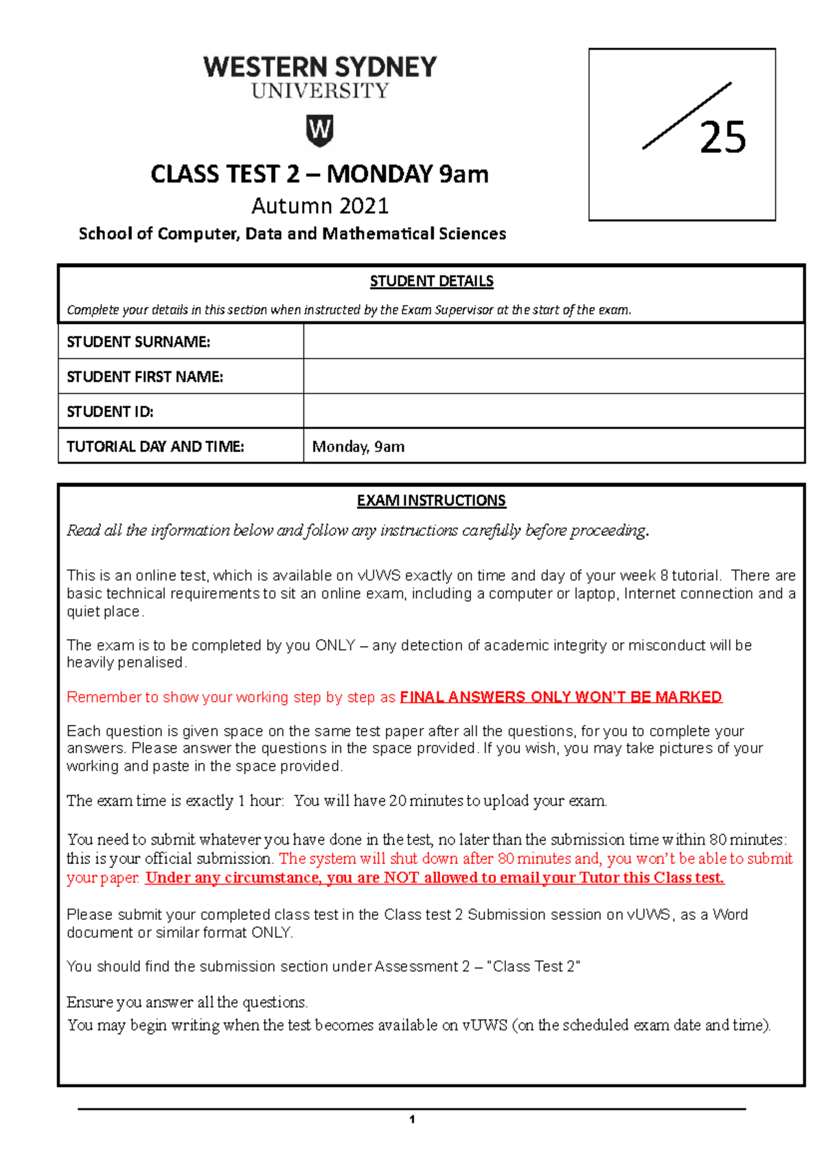 Class TEST 2 Monday - CLASS TEST 2 – MONDAY 9am Autumn 2021 25 School ...