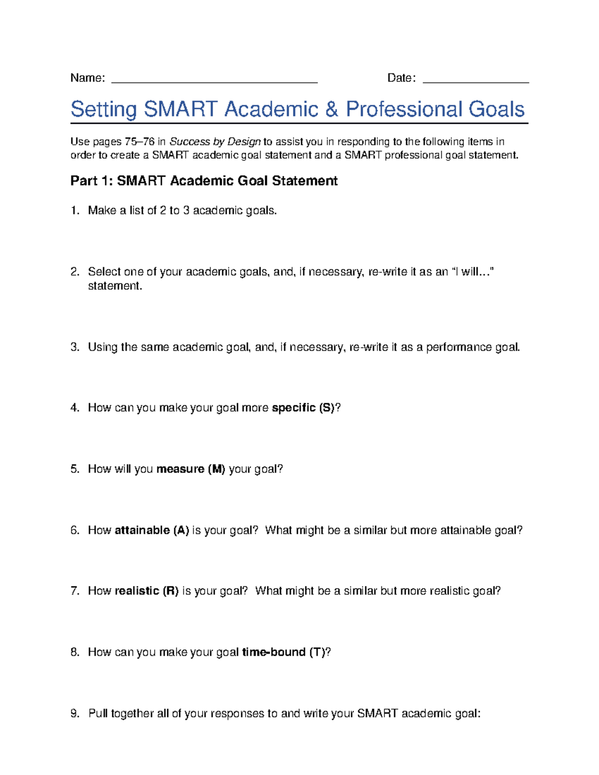 Setting Smart Goals Assignment - Name: Date: Setting SMART Academic ...