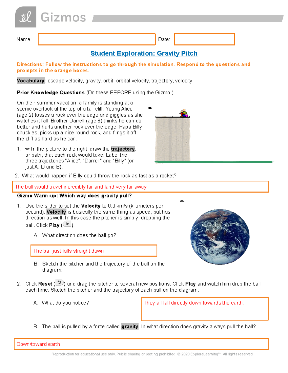 Copy of Gravity Pitch SE - Name: Date: Student Exploration: Gravity Pitch Directions: Follow the ...