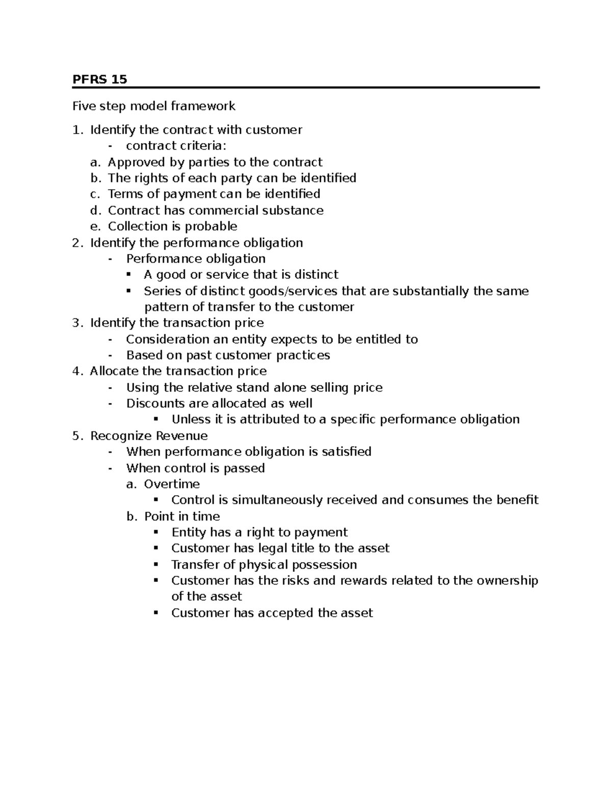 PFRS 15 - PFRS 15 Revenue Recognition - PFRS 15 Five step model framework Identify the contract ...