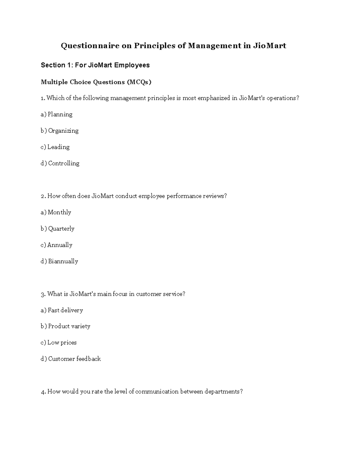 Questionnaire on Principles of Management in Jio Mart - Questionnaire ...