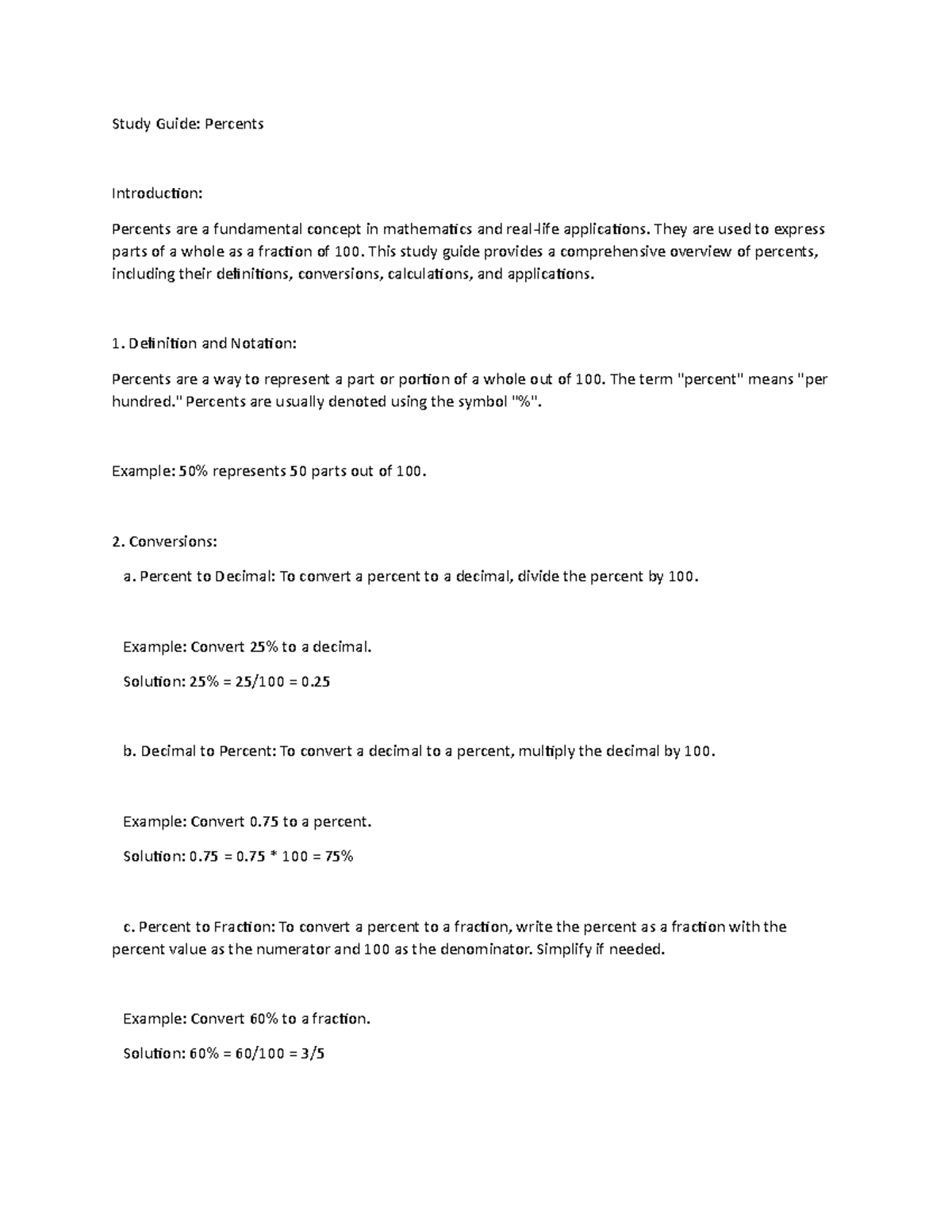 6 percents - Study Guide: Percents Introduction:Percents are a ...