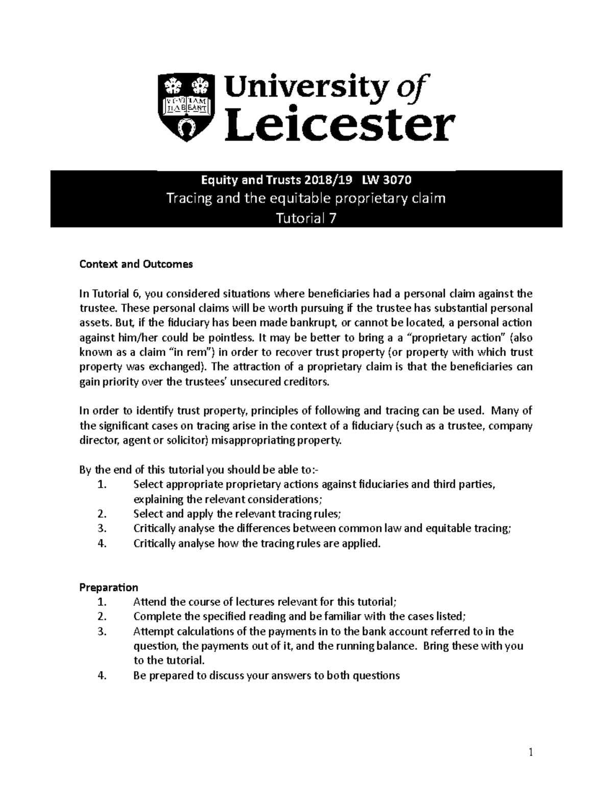 2018-19 Tutorial 7 Tracing - Equity and Trusts 2018/19 LW 3070 Tracing ...